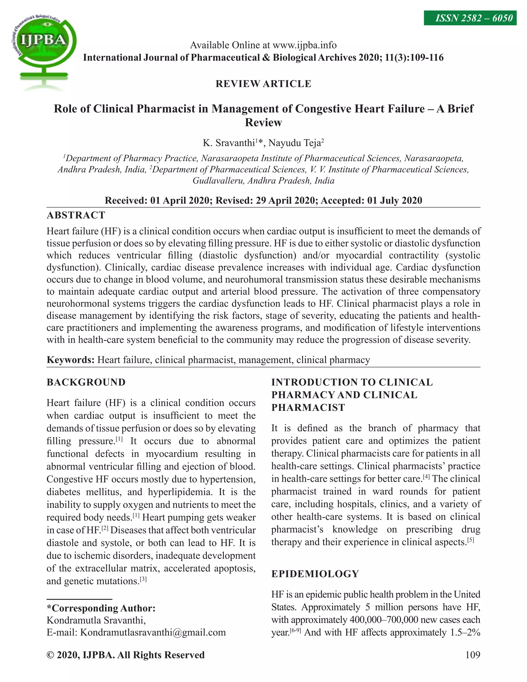 Role of Clinical Pharmacist in Management of Congestive Heart Failure ...