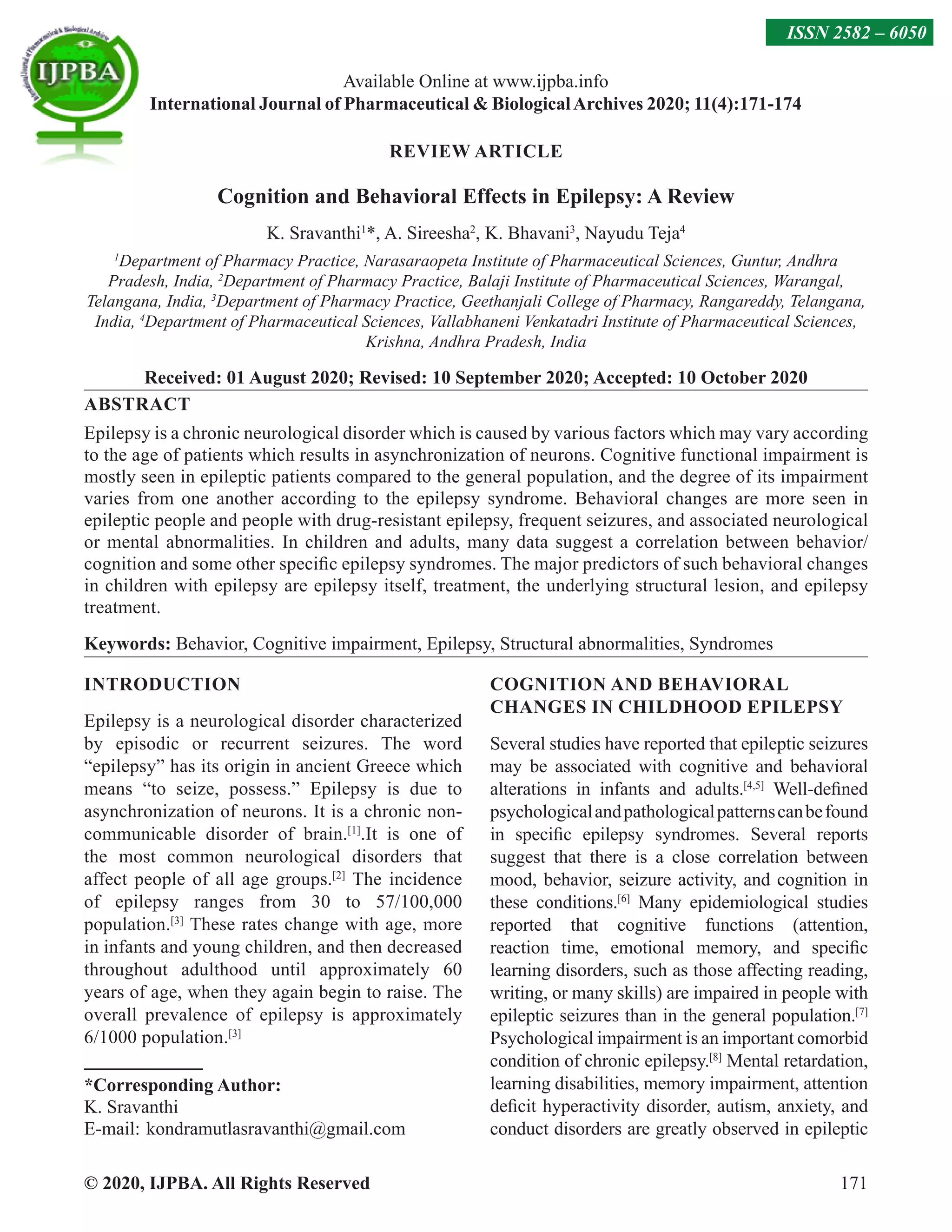 Cognition and Behavioral Effects in Epilepsy: A Review | PDF