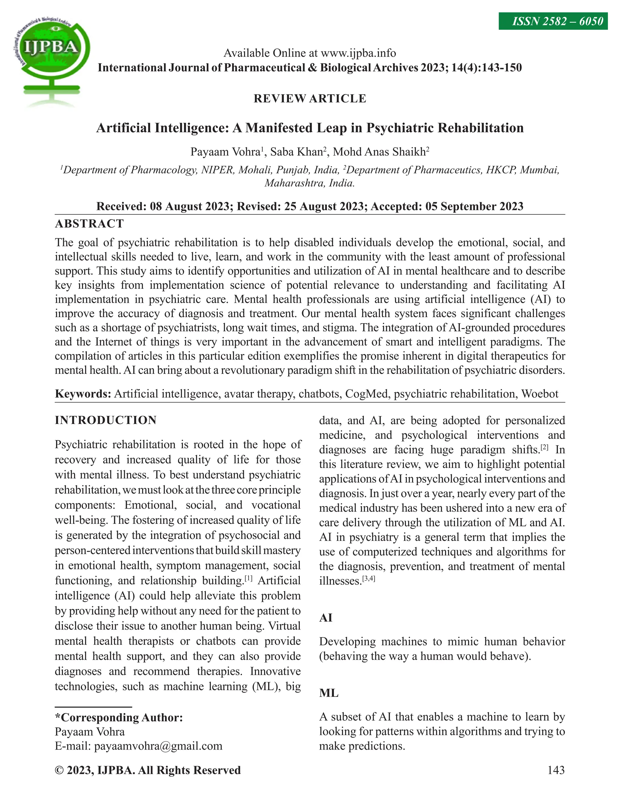 Artificial Intelligence: A Manifested Leap in Psychiatric ...