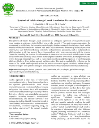 Synthesis of Indoles through Larock Annulation: Recent Advances | PDF