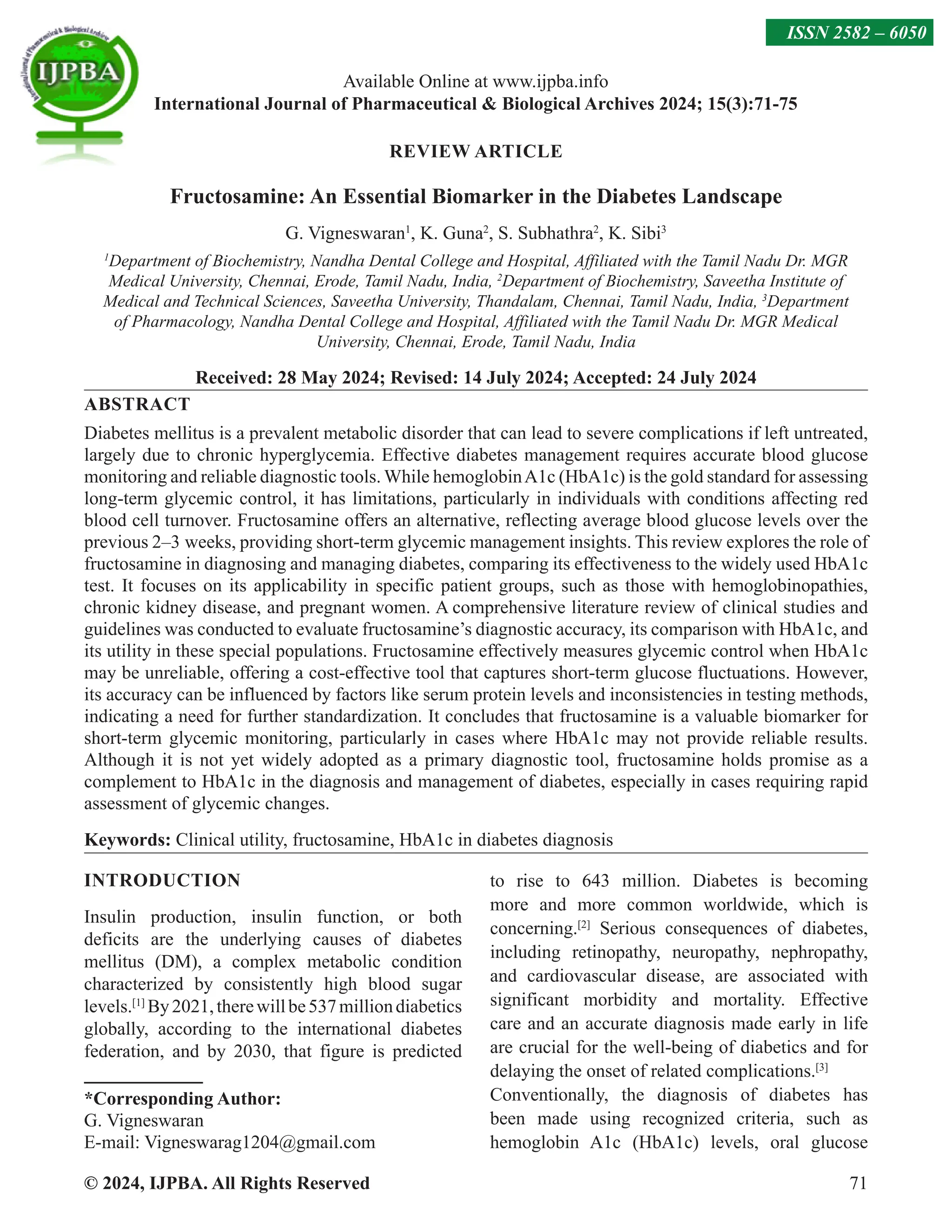 Fructosamine: An Essential Biomarker in the Diabetes Landscape | PDF