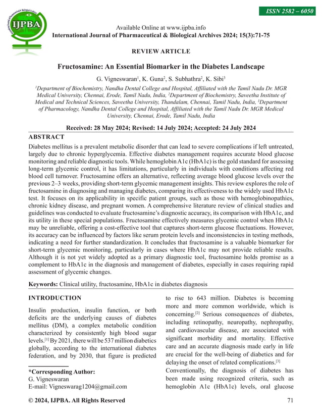 Fructosamine: An Essential Biomarker in the Diabetes Landscape | PDF