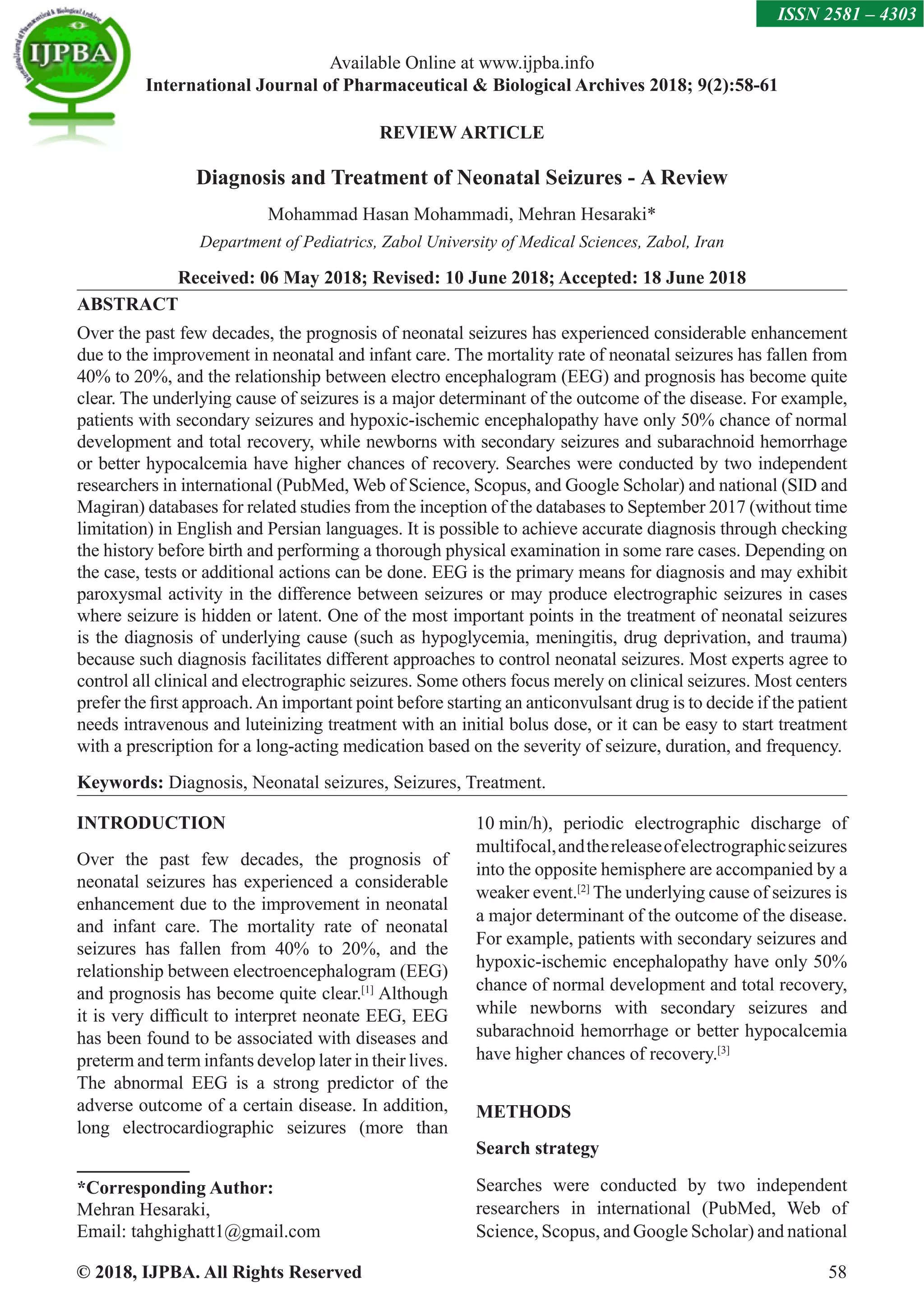 Diagnosis and Treatment of Neonatal Seizures - A Review | PDF