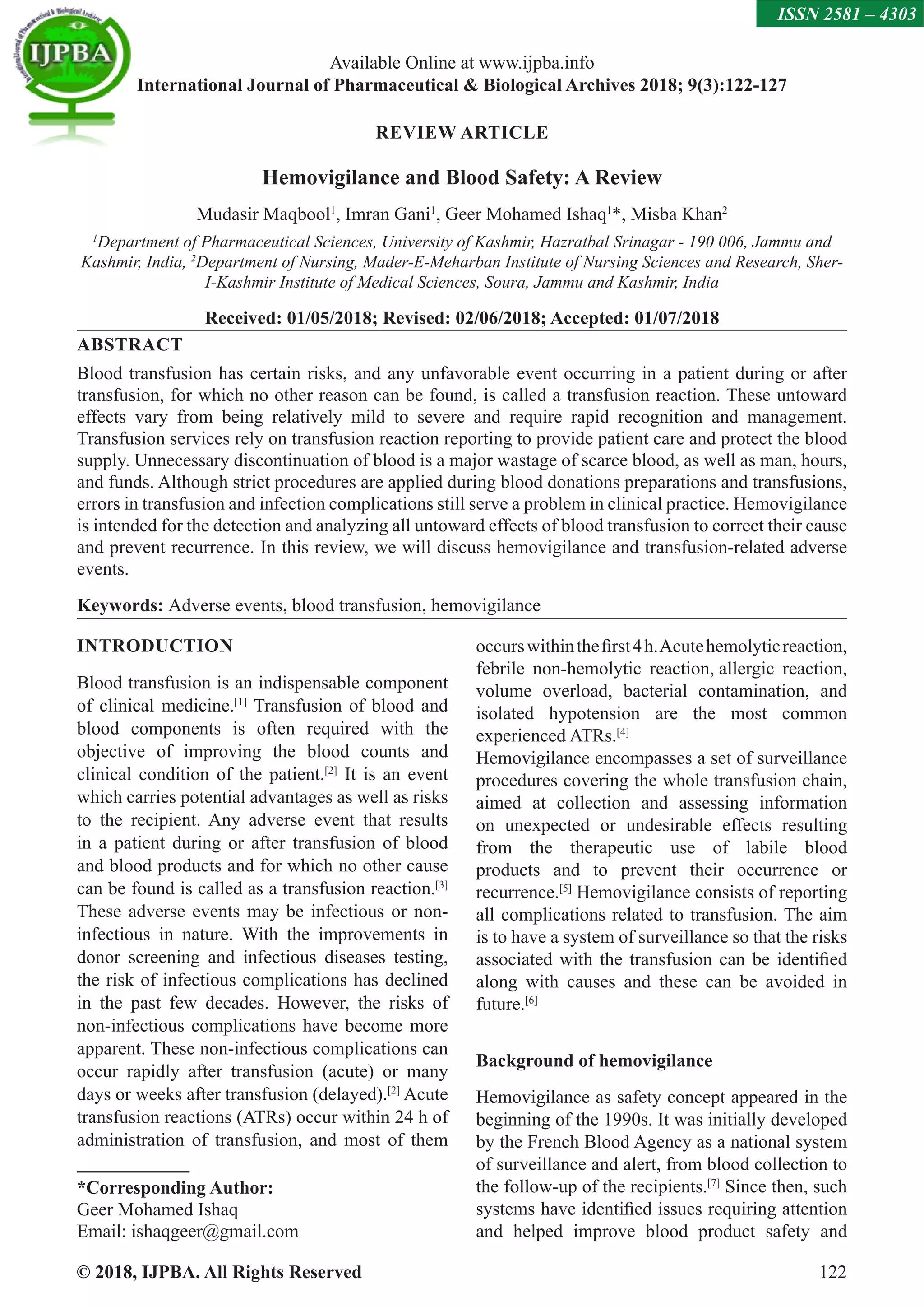 Hemovigilance and Blood Safety: A Review | PDF