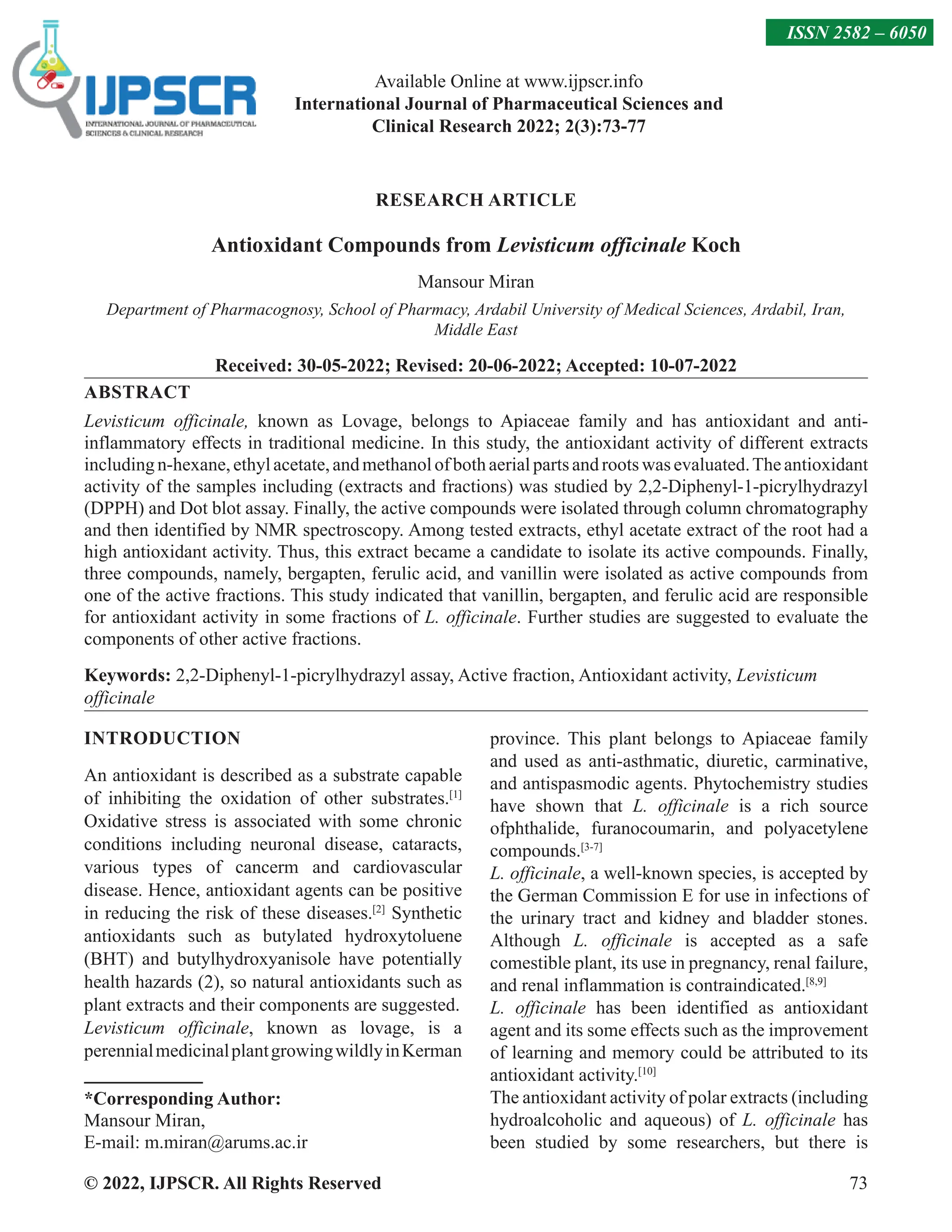 Antioxidant Compounds from Levisticum officinale Koch | PDF