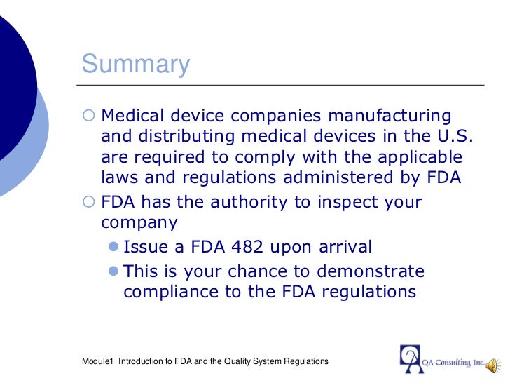 Module 01 Introduction To FdA and Quality System Regulation