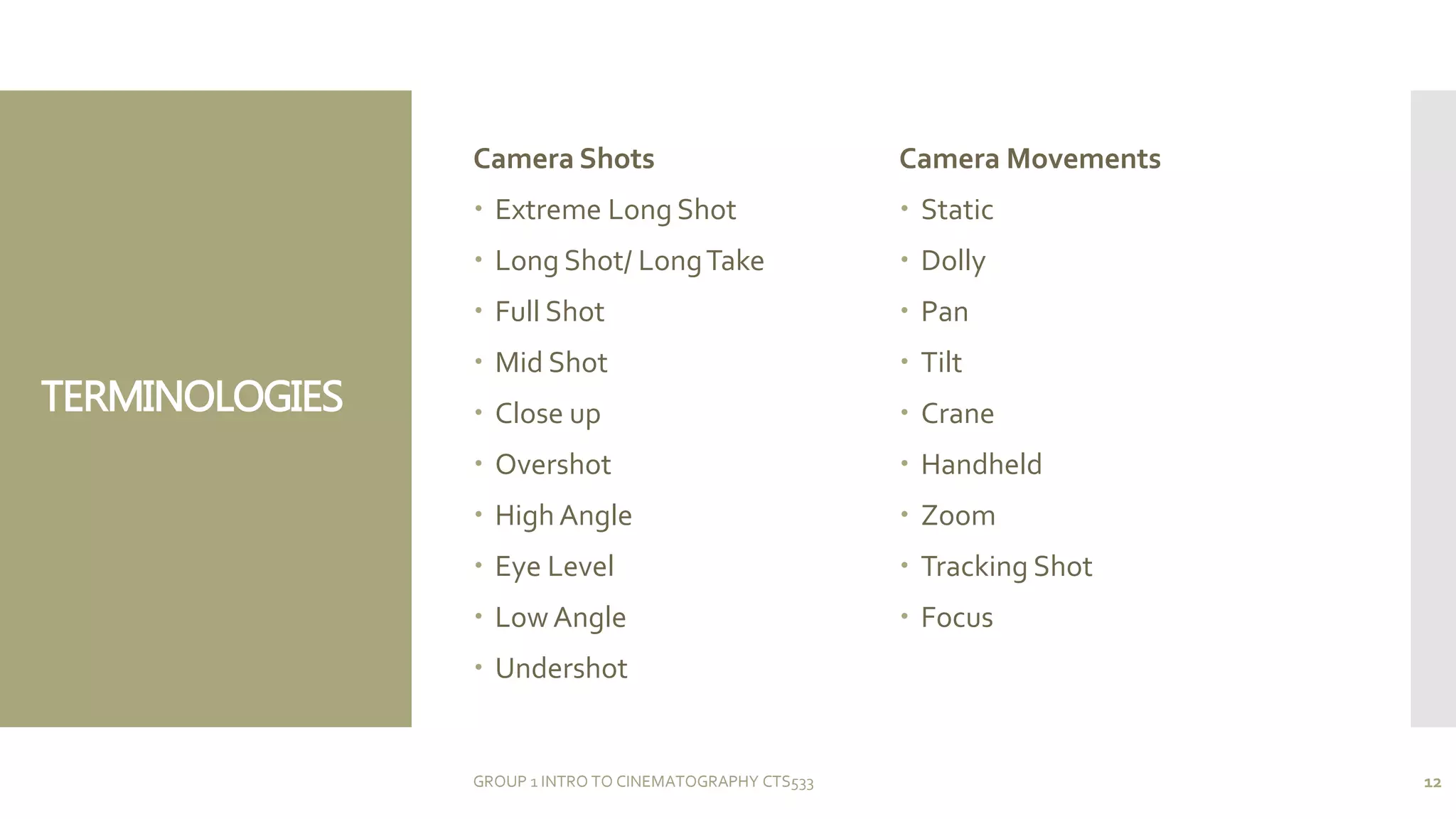 INTRO TO CINEMATOGRAPHY (Group1) | PPTX