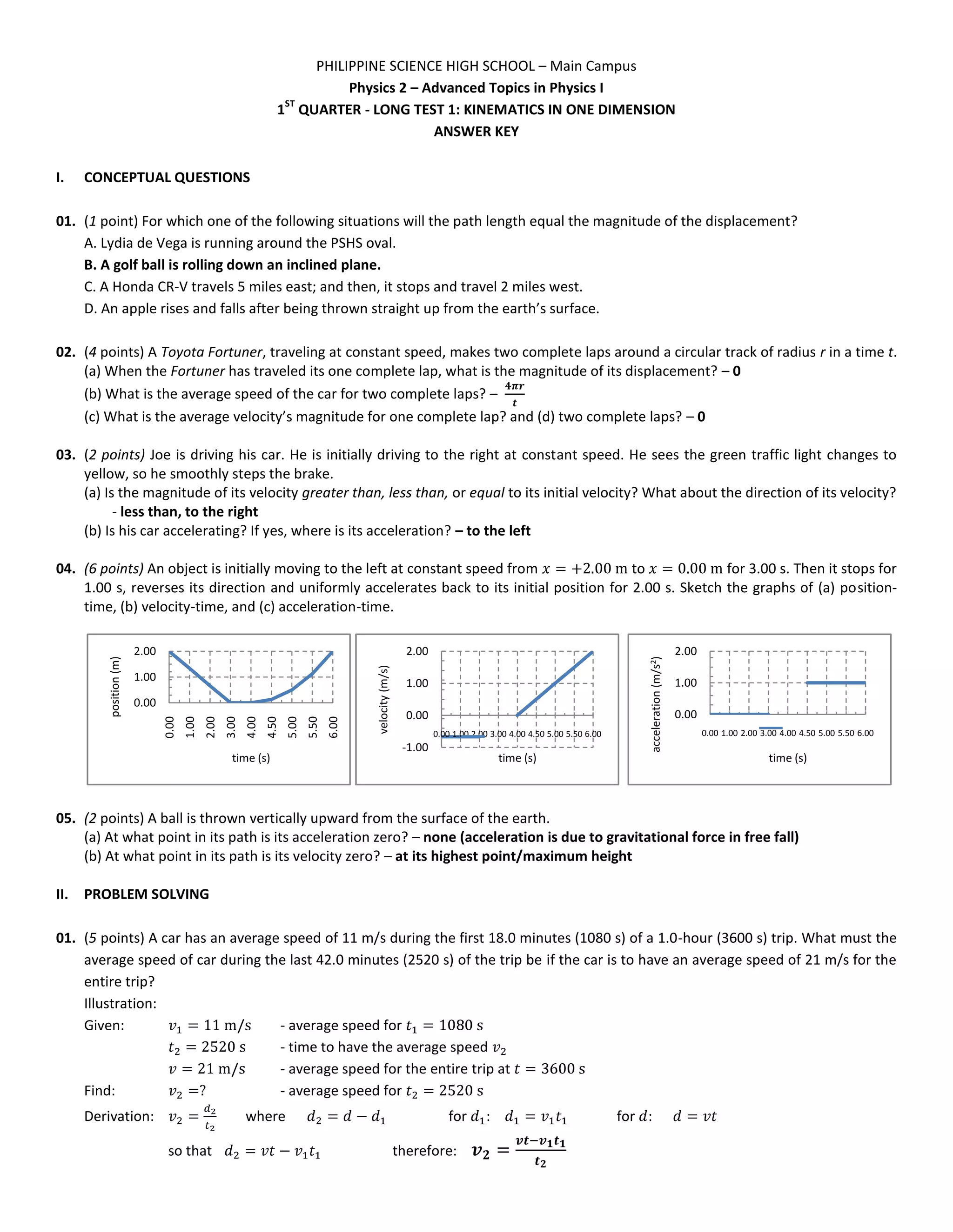 LT1: KInematics For 1D with solutions | PDF