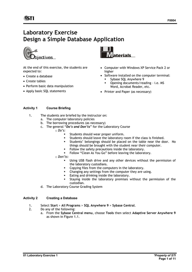 01 laboratory exercise 1 - DESIGN A SIMPLE DATABASE APPLICATION | PDF