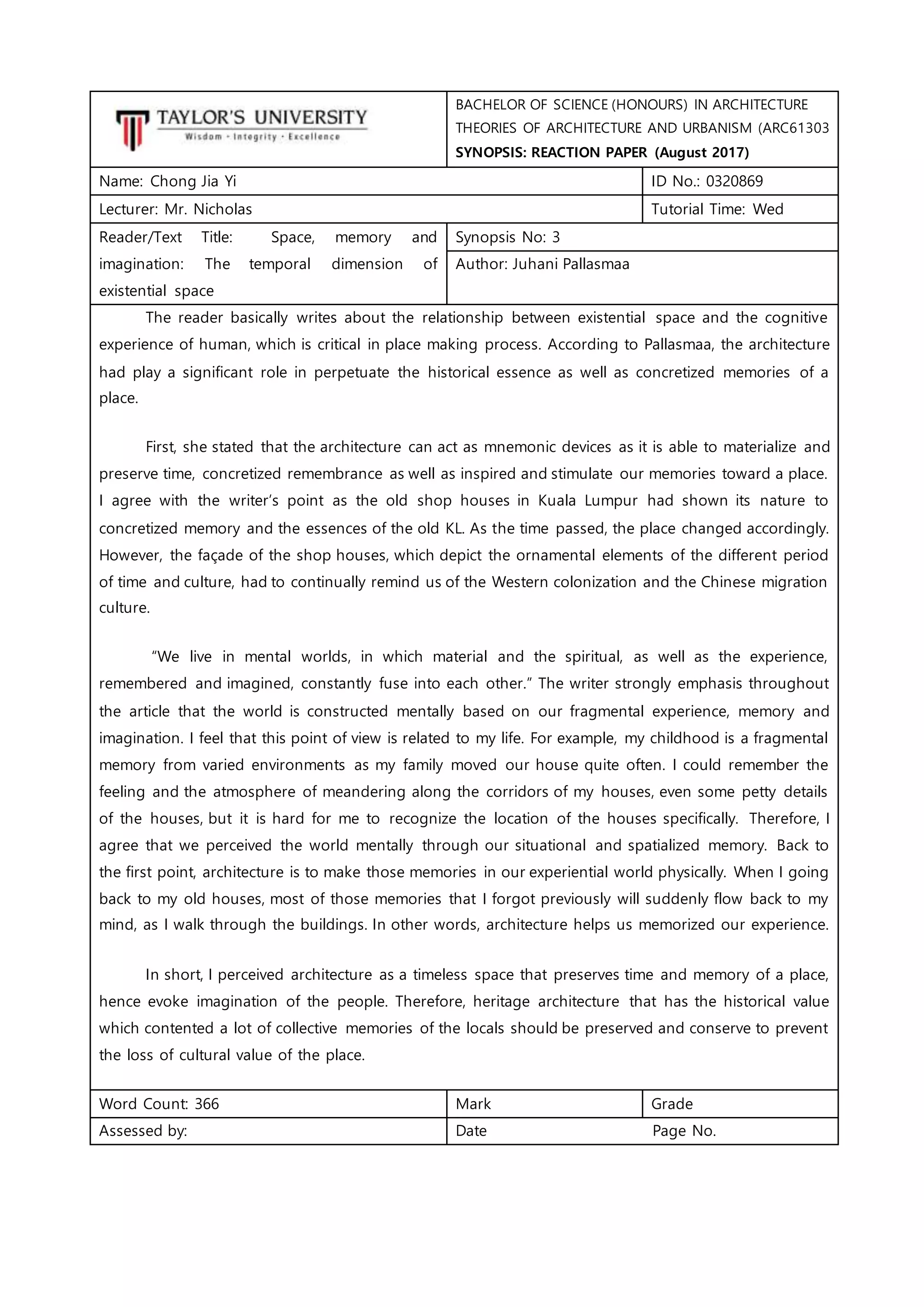 Theories of architecture and urbanism reaction paper | DOCX