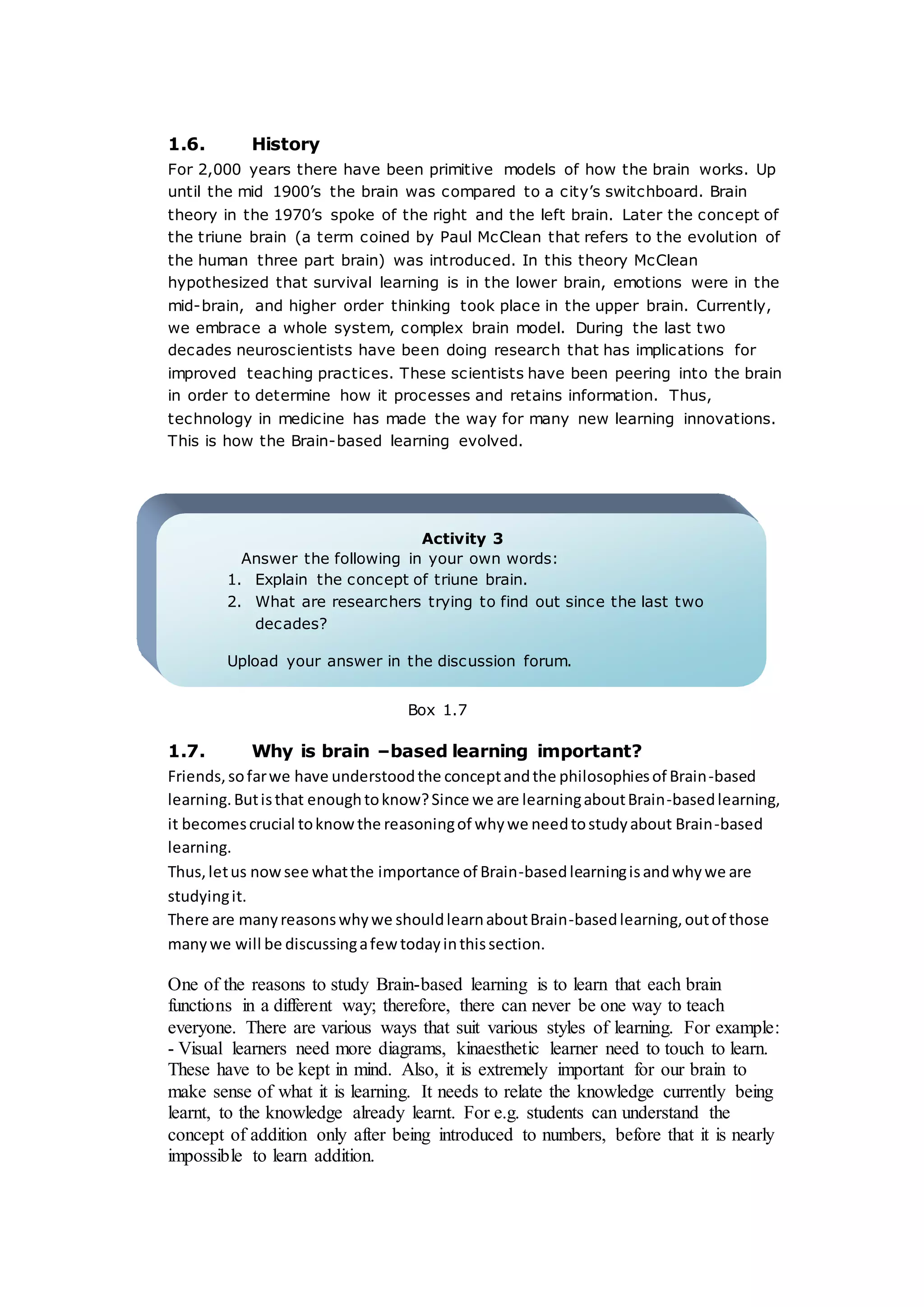 Brain based learning- Open Distance Learning Material | PDF