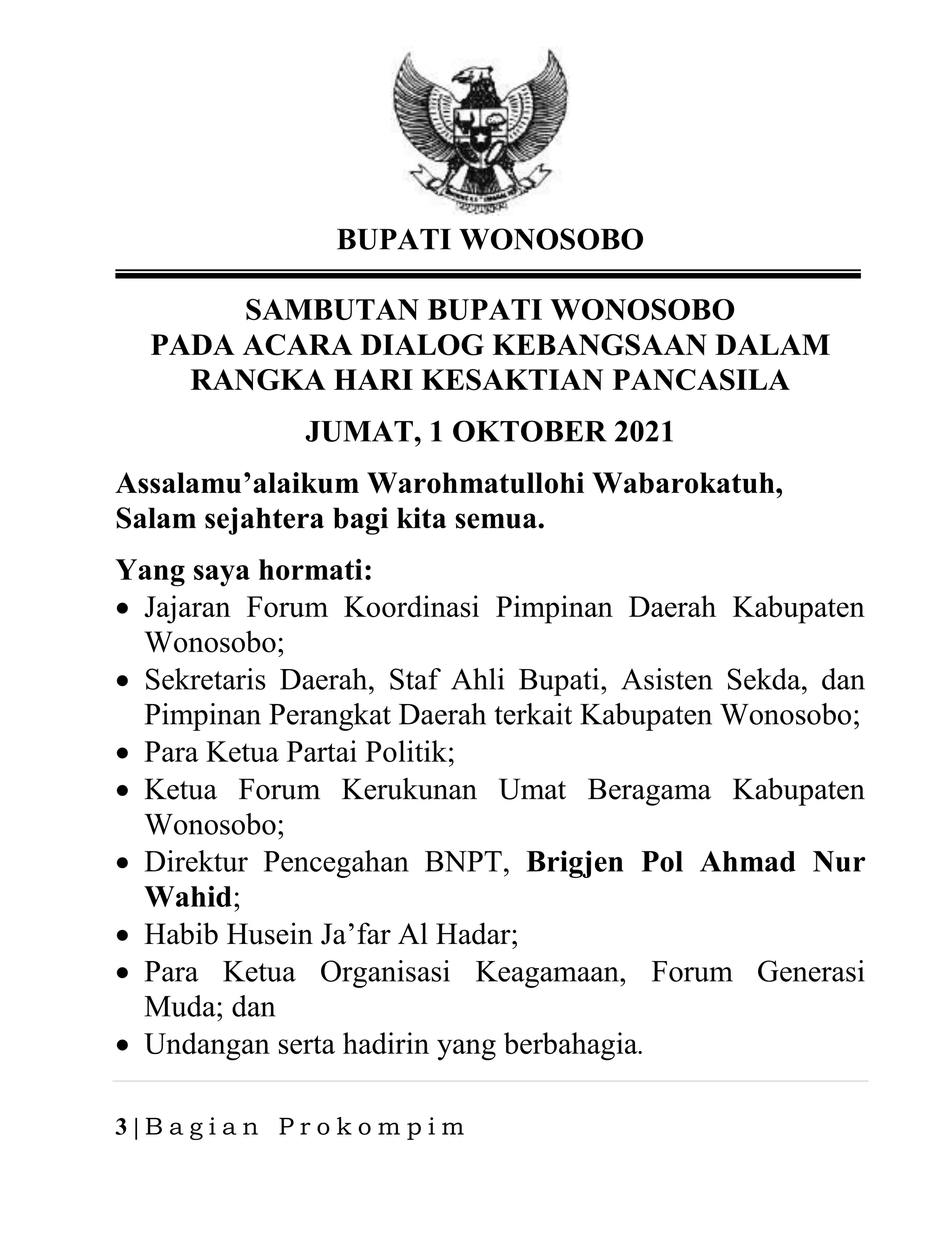 01 okt, sambutan bupati wonosobo kesaktian pancasila | PDF