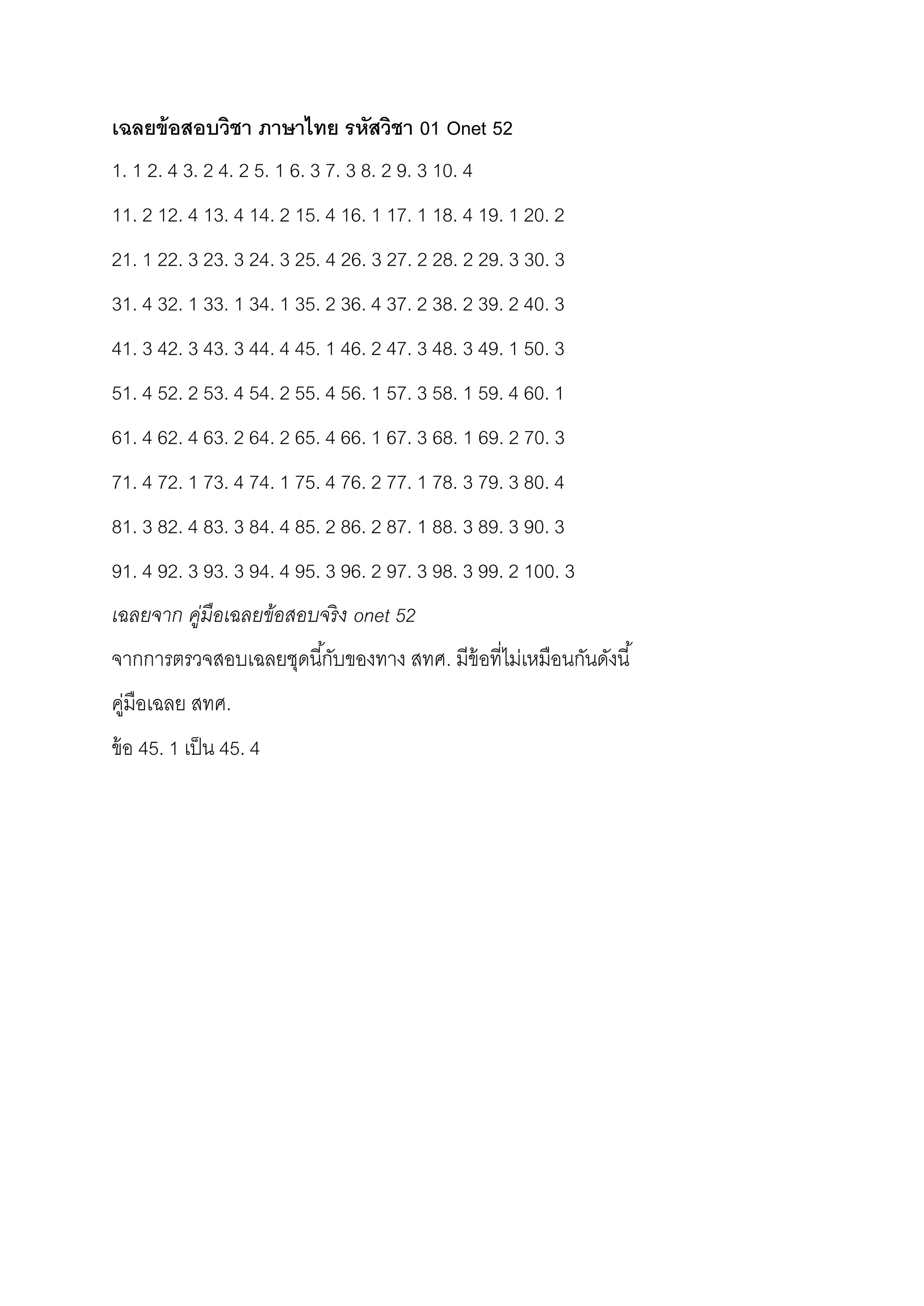 เฉลยข้อสอบวิชา ภาษาไทย รหัสวิชา 01 onet 52 | PDF