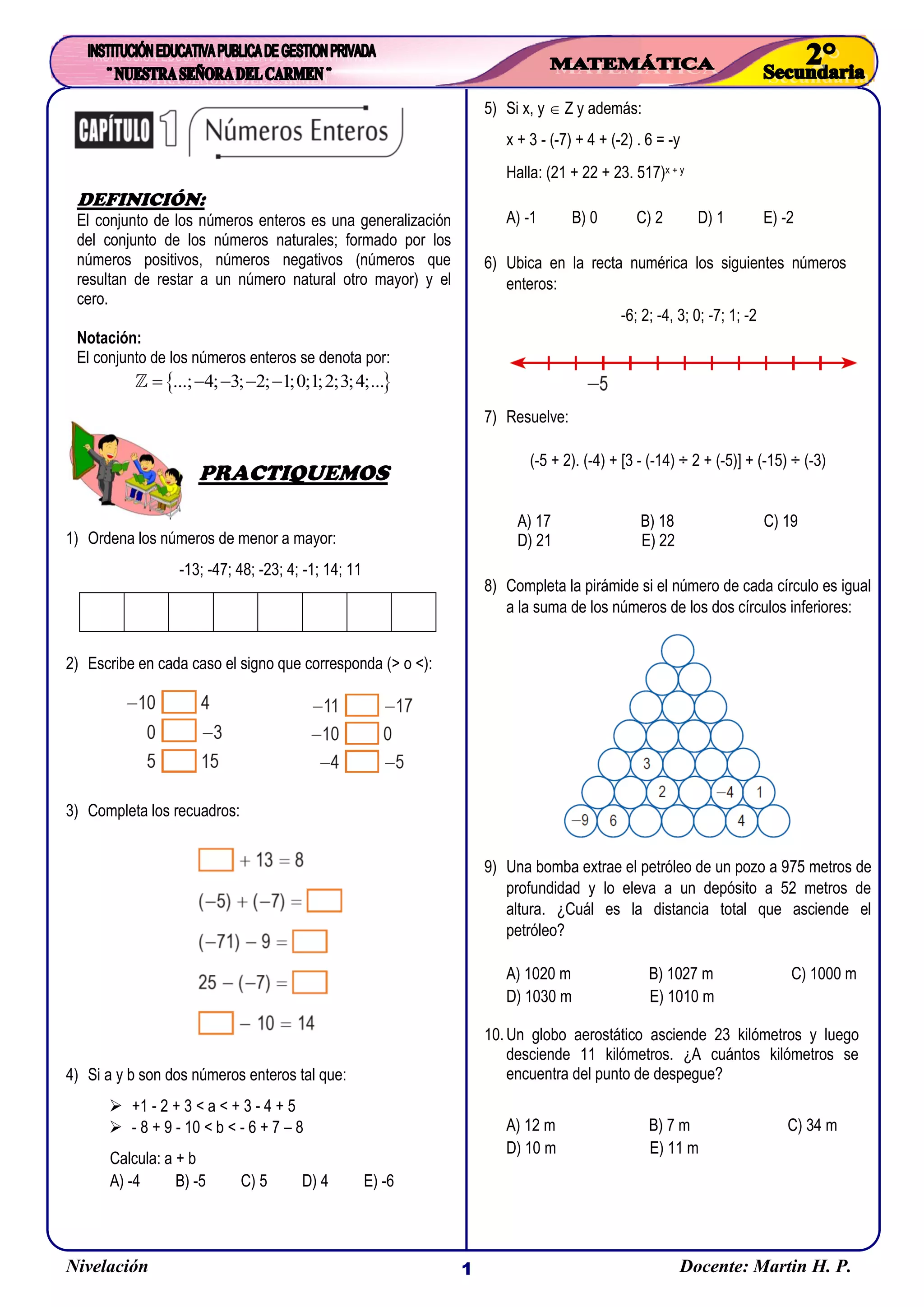 Operaciones con números enteros | PDF