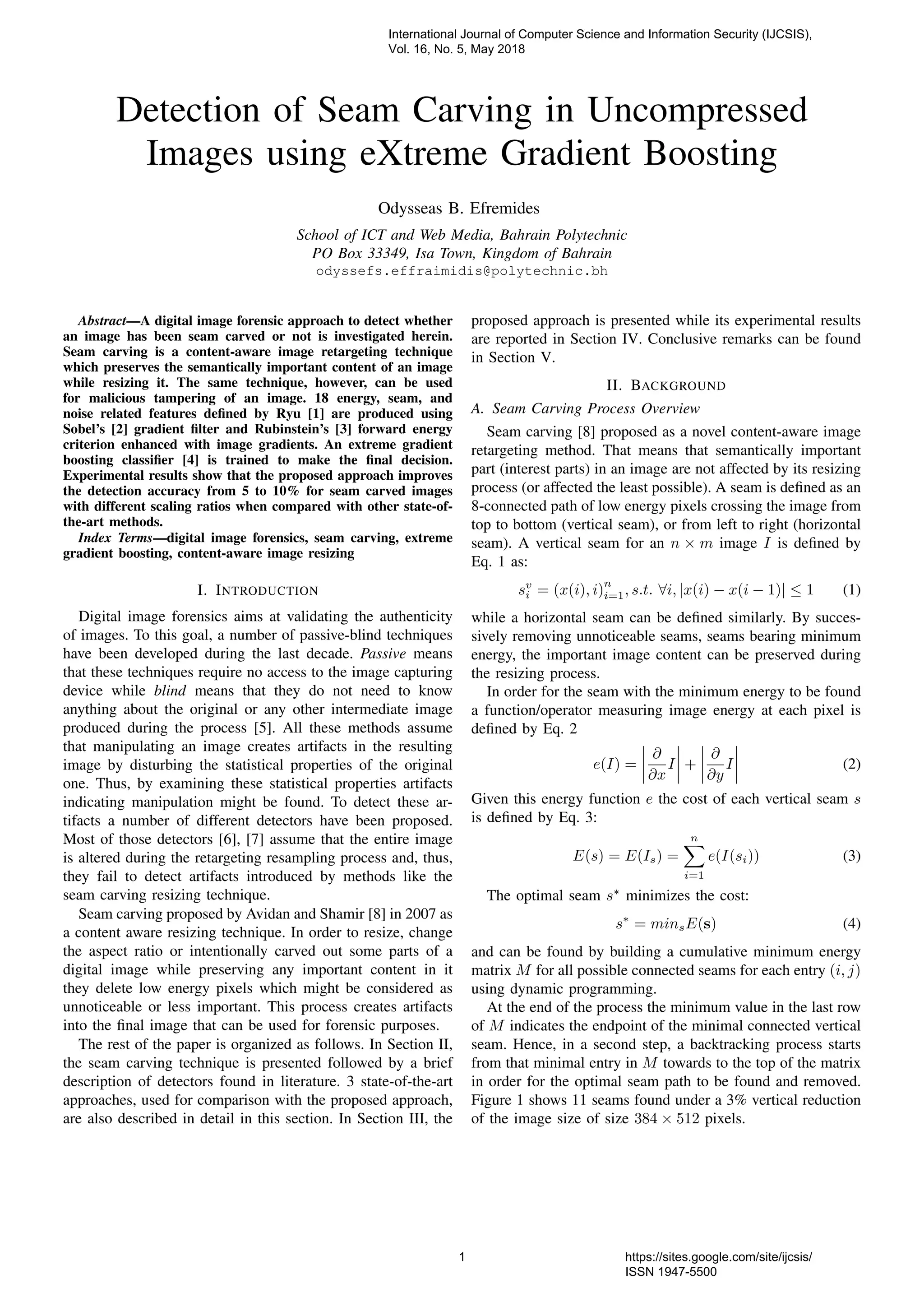 Detection Of Seam Carving In Uncompressed Images Using Extreme Gradient Boosting Pdf