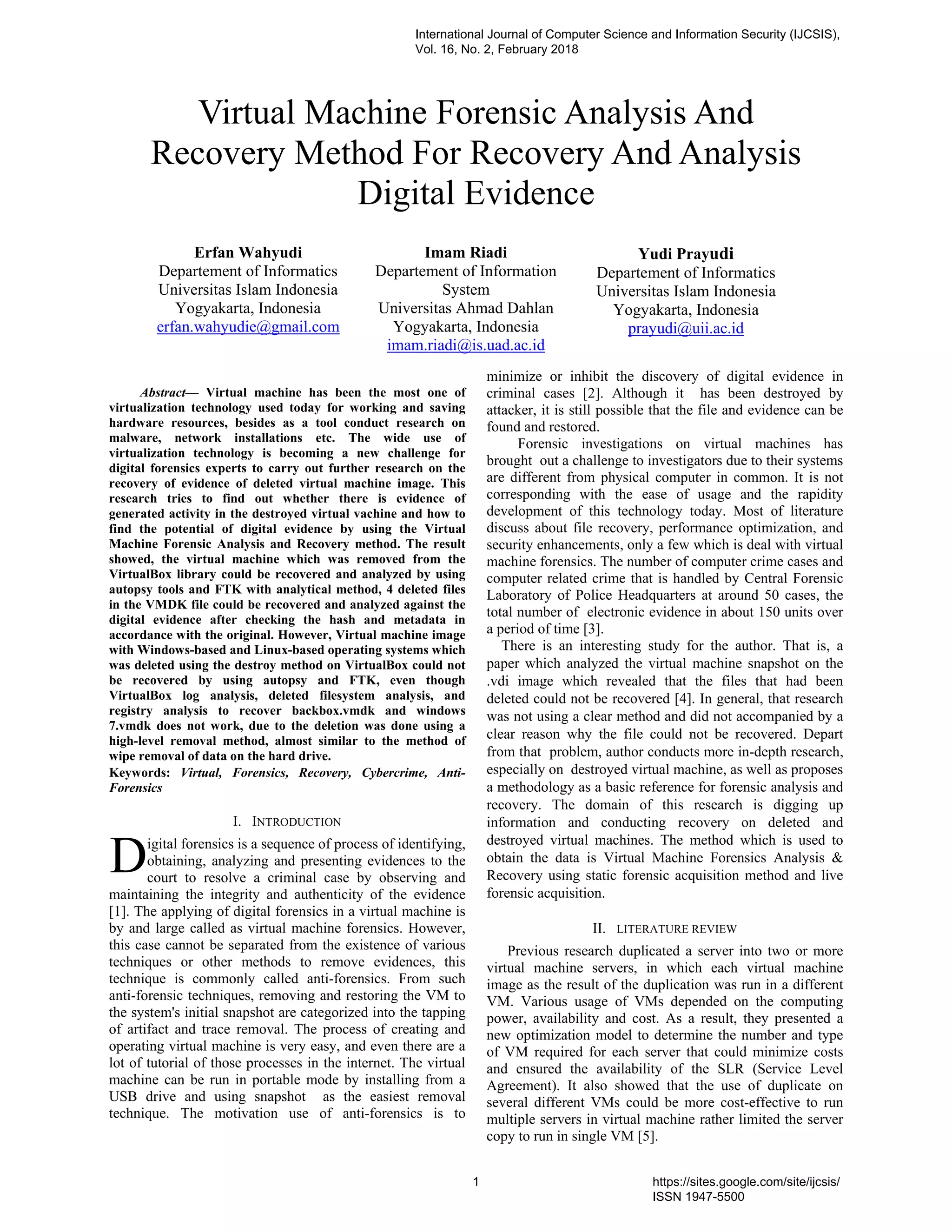 Virtual Machine Forensic Analysis and Recovery Method for Recovery and Analysis Digital Evidence ...