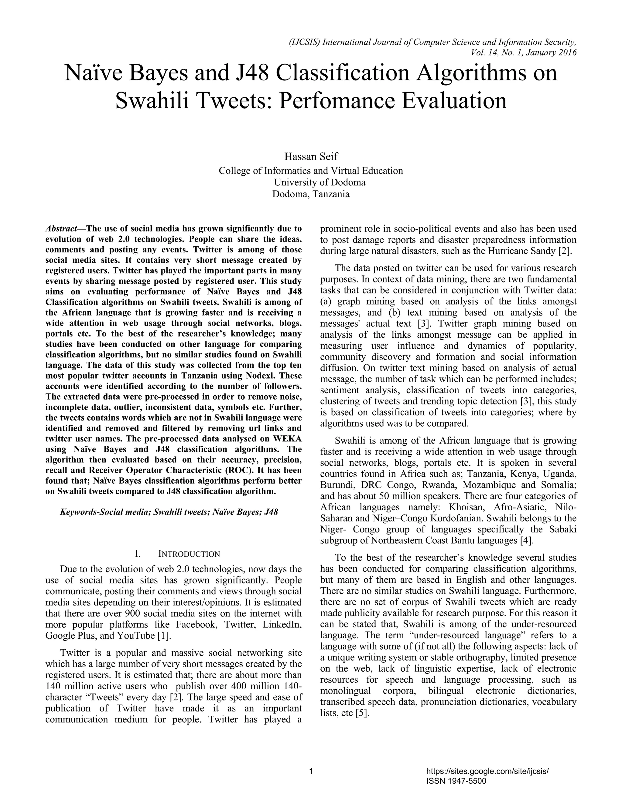 Naïve Bayes and J48 Classification Algorithms on Swahili Tweets: Performance Evaluation | PDF