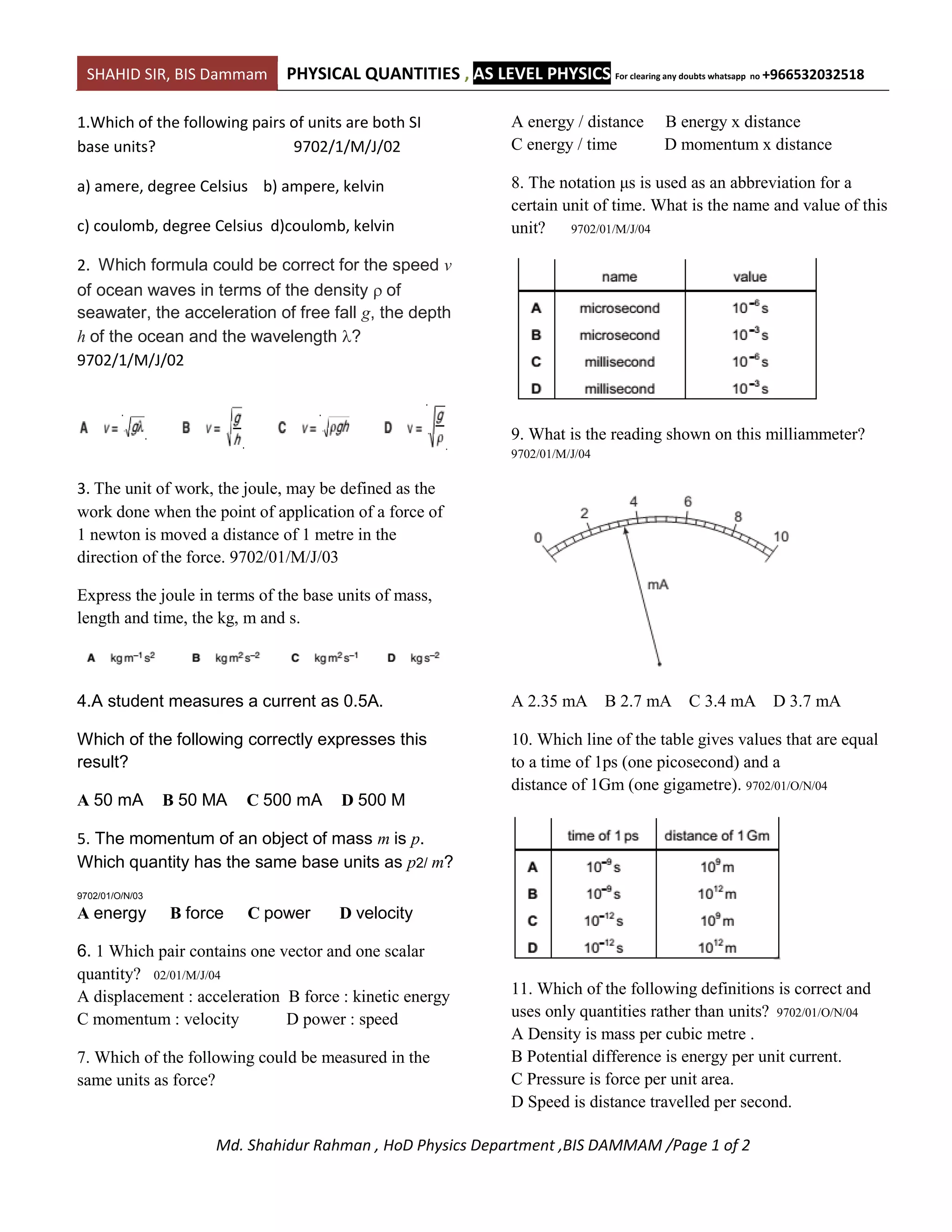 Physical Quantities AS PHYSICS MCQ part 01 2002 to 2008 | PDF