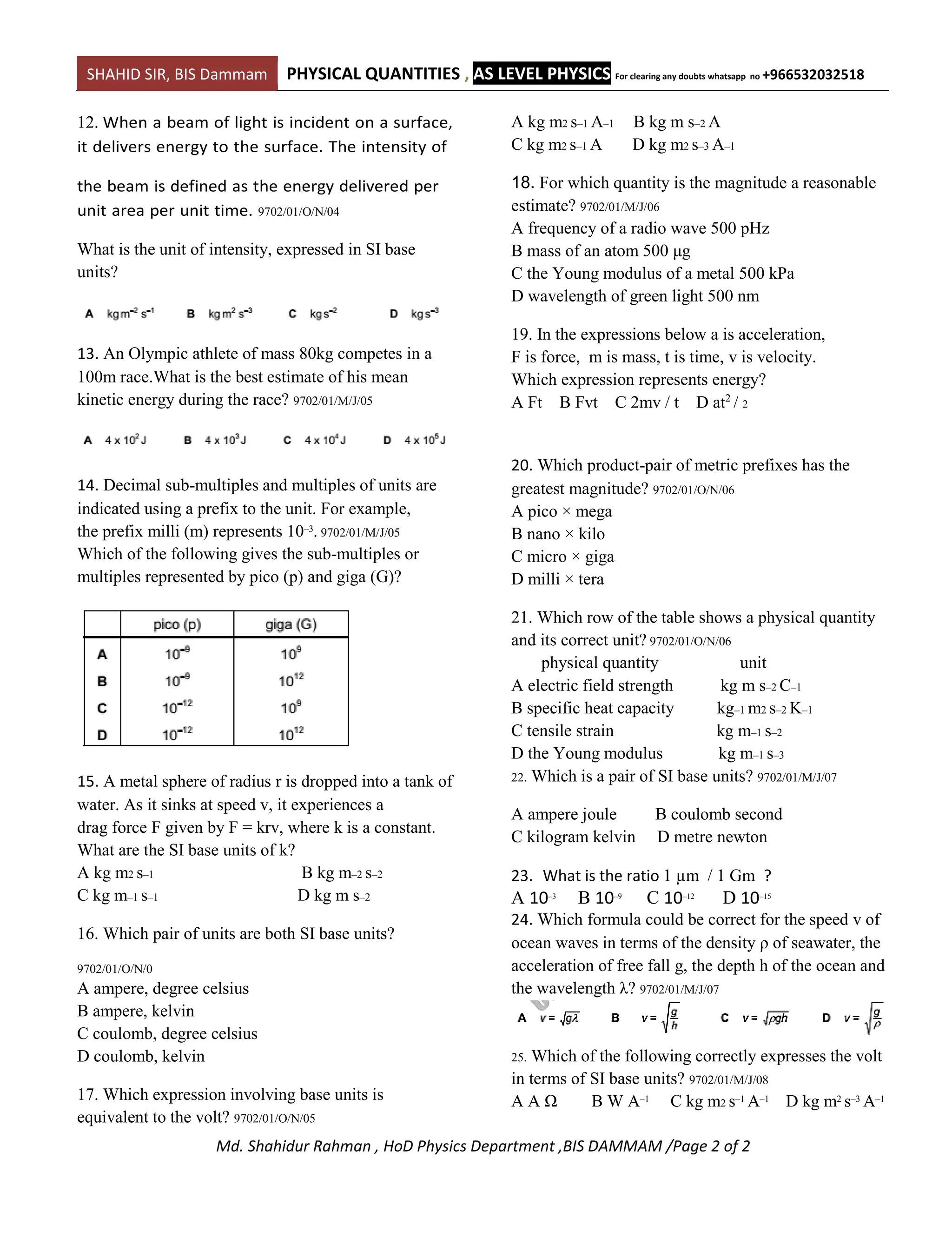 Physical Quantities AS PHYSICS MCQ part 01 2002 to 2008 | PDF