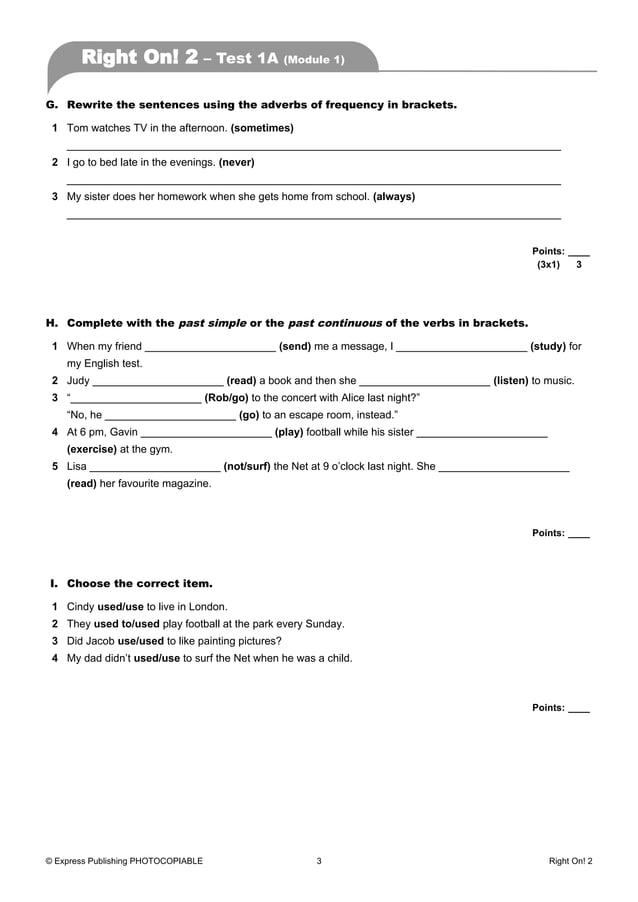 01 Right on 2_Test 1A_Mod 1.doc english test | PDF