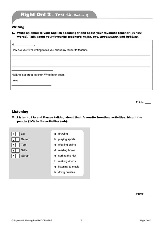 01 Right on 2_Test 1A_Mod 1.doc english test | PDF
