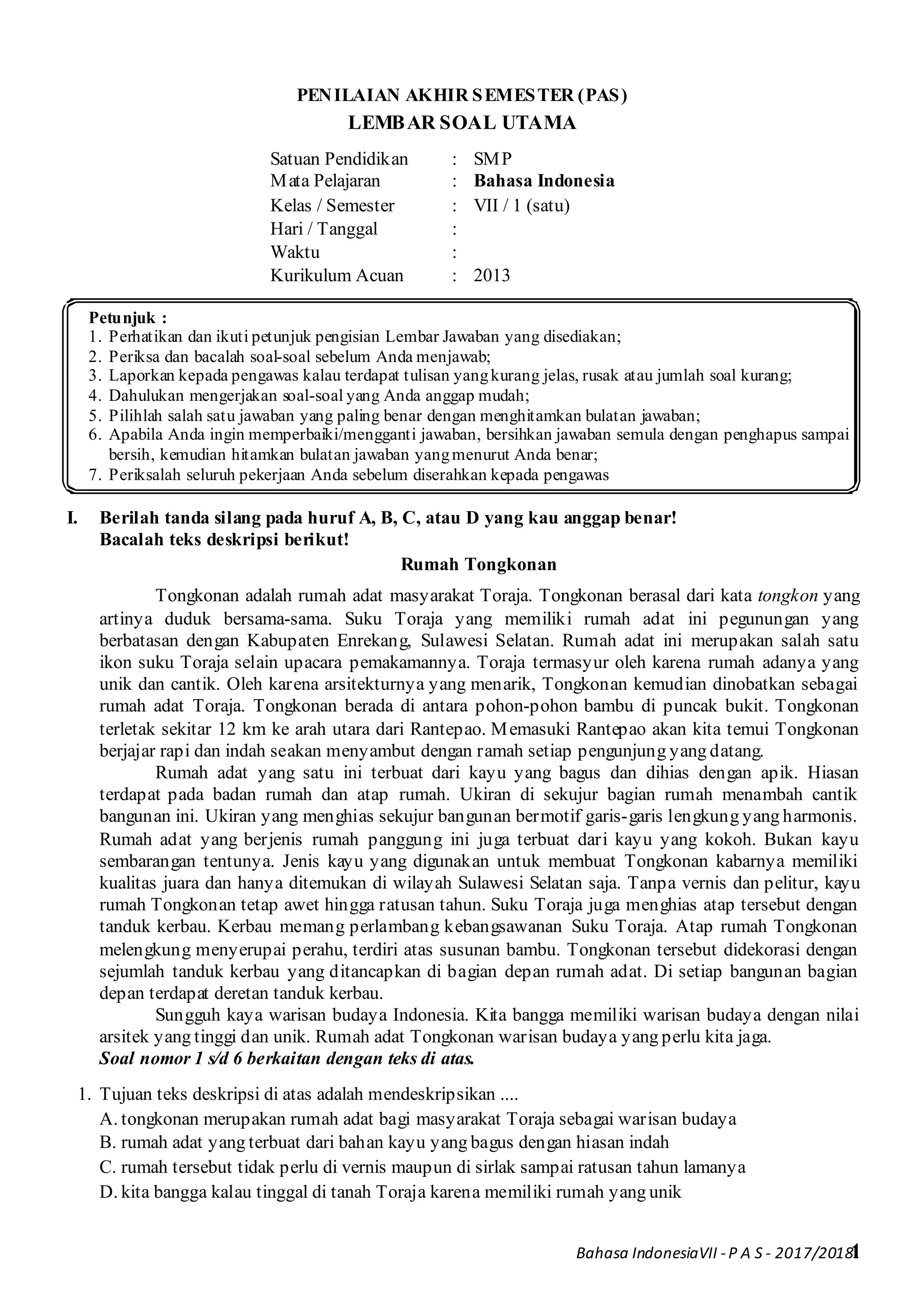 01 soal bhs. indonesia kls 7 | PDF