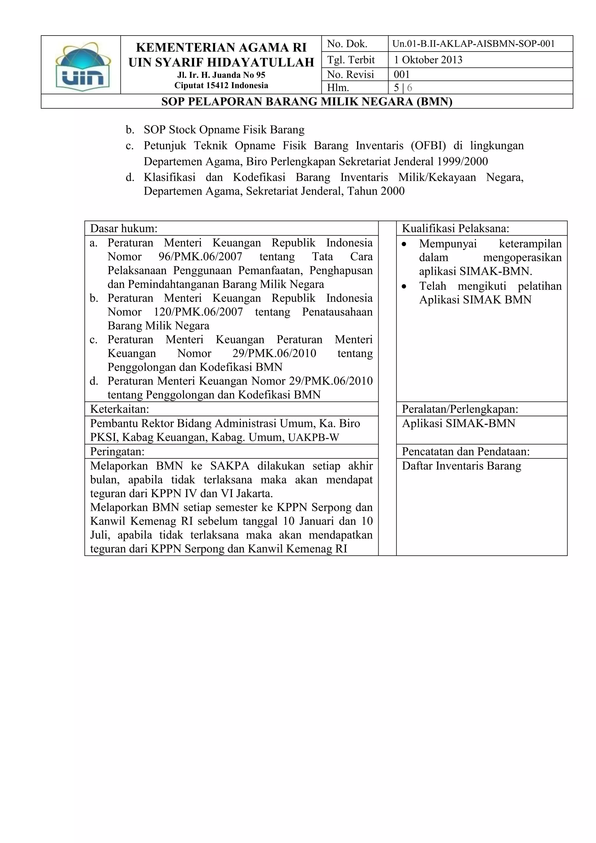 01 sop pelaporan_bmn | PDF