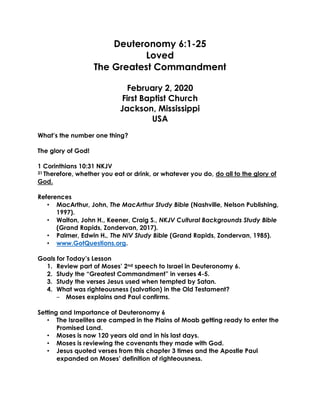 02-02-20, Deuteronomy 6;1-25, Loved, The Greatest Commandment | PDF
