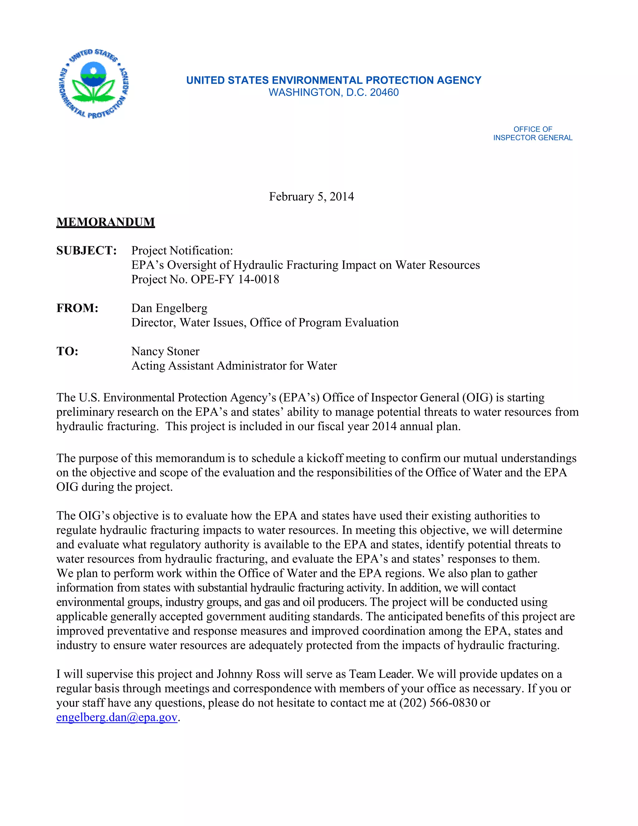 Memo from EPA Office of Inspector General (OIG) Convening Project to ...