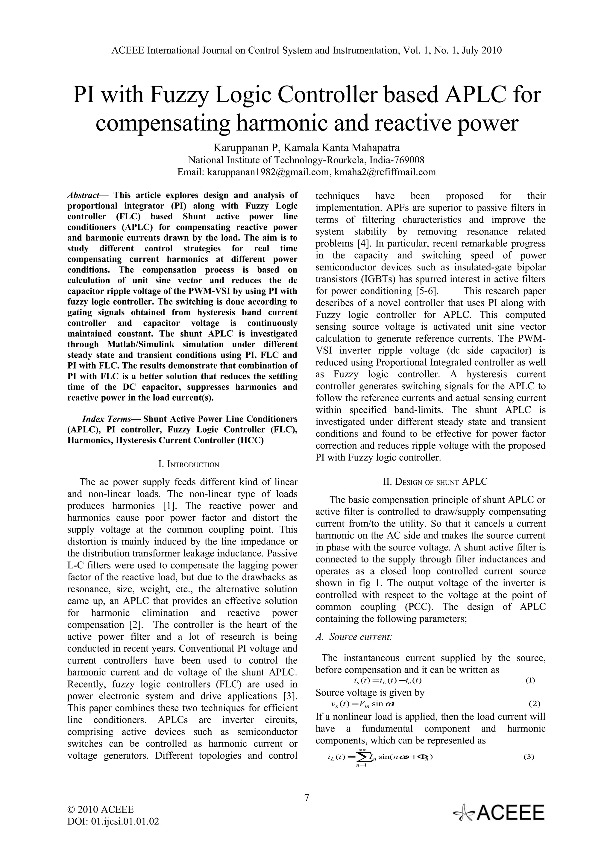 PI with Fuzzy Logic Controller based APLC for compensating harmonic and reactive power | PDF ...