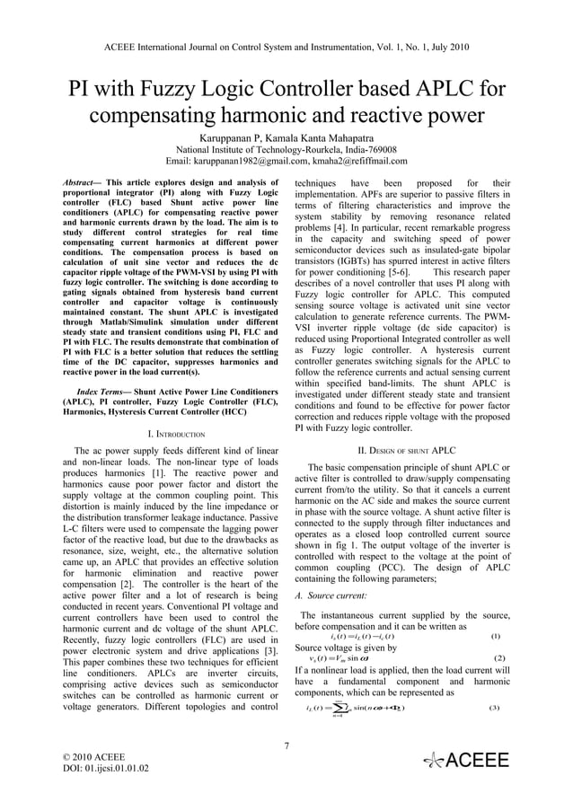 PI with Fuzzy Logic Controller based APLC for compensating harmonic and reactive power | PDF