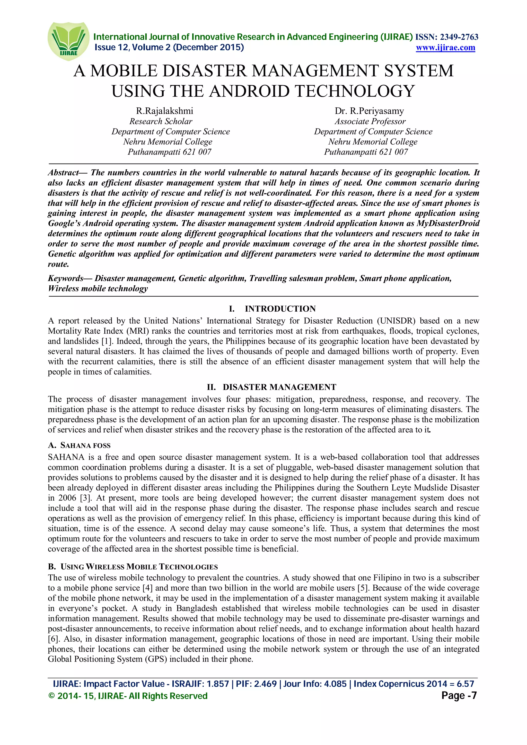 A MOBILE DISASTER MANAGEMENT SYSTEM USING THE ANDROID TECHNOLOGY | PDF