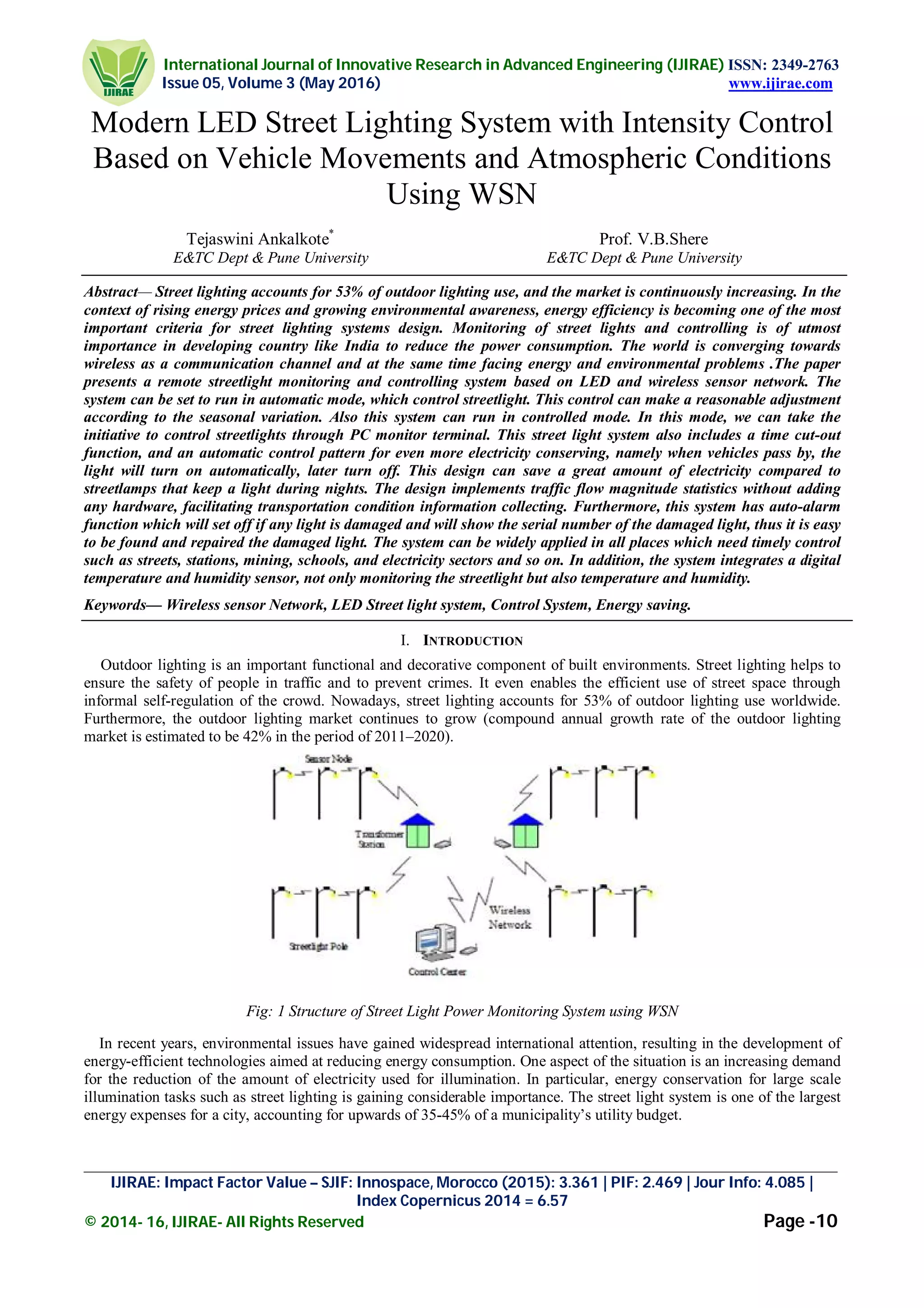 Modern LED Street Lighting System with Intensity Control Based on Vehicle Movements and ...