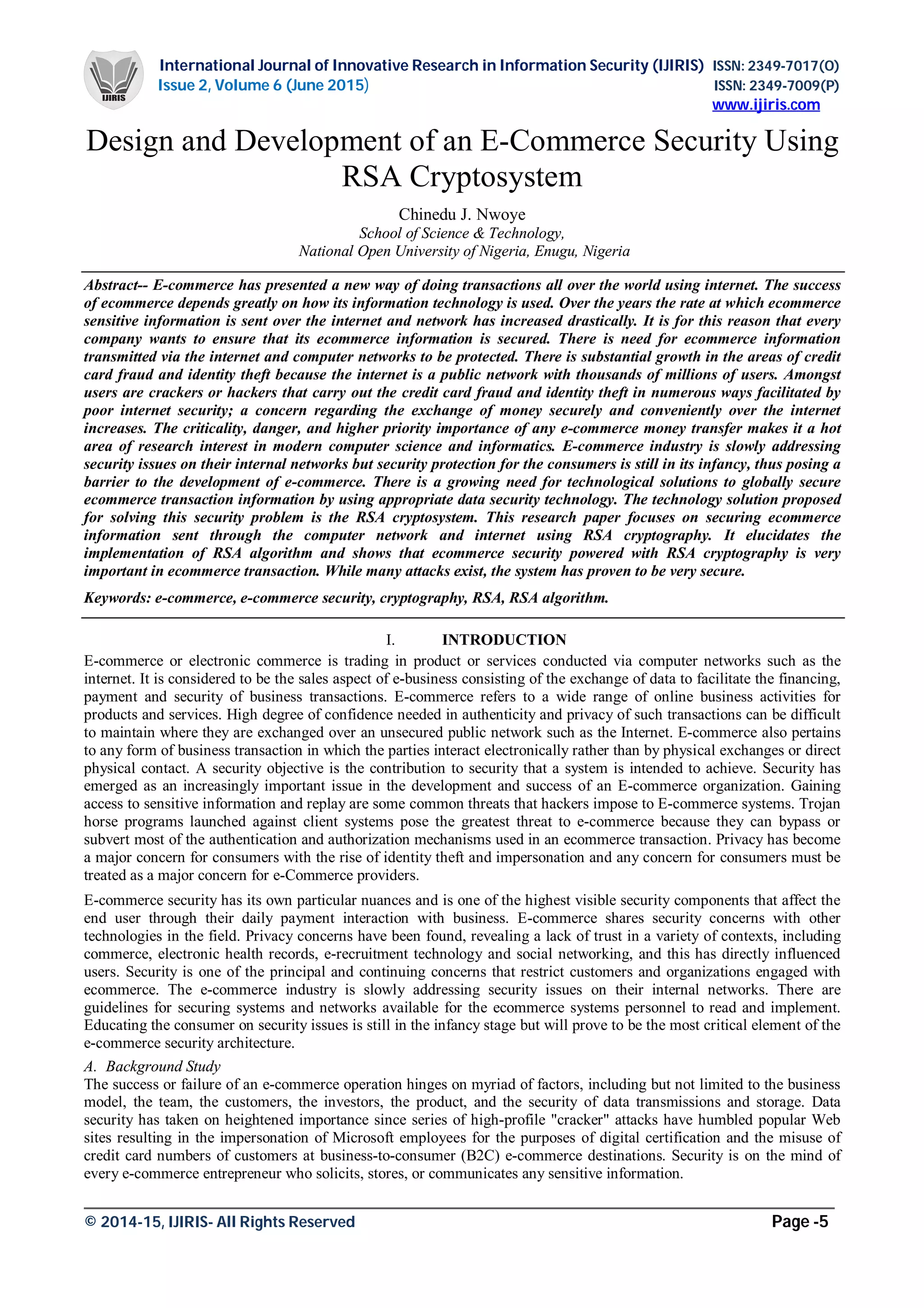 Design and Development of an E-Commerce Security Using RSA Cryptosystem | PDF | Internet | Computing