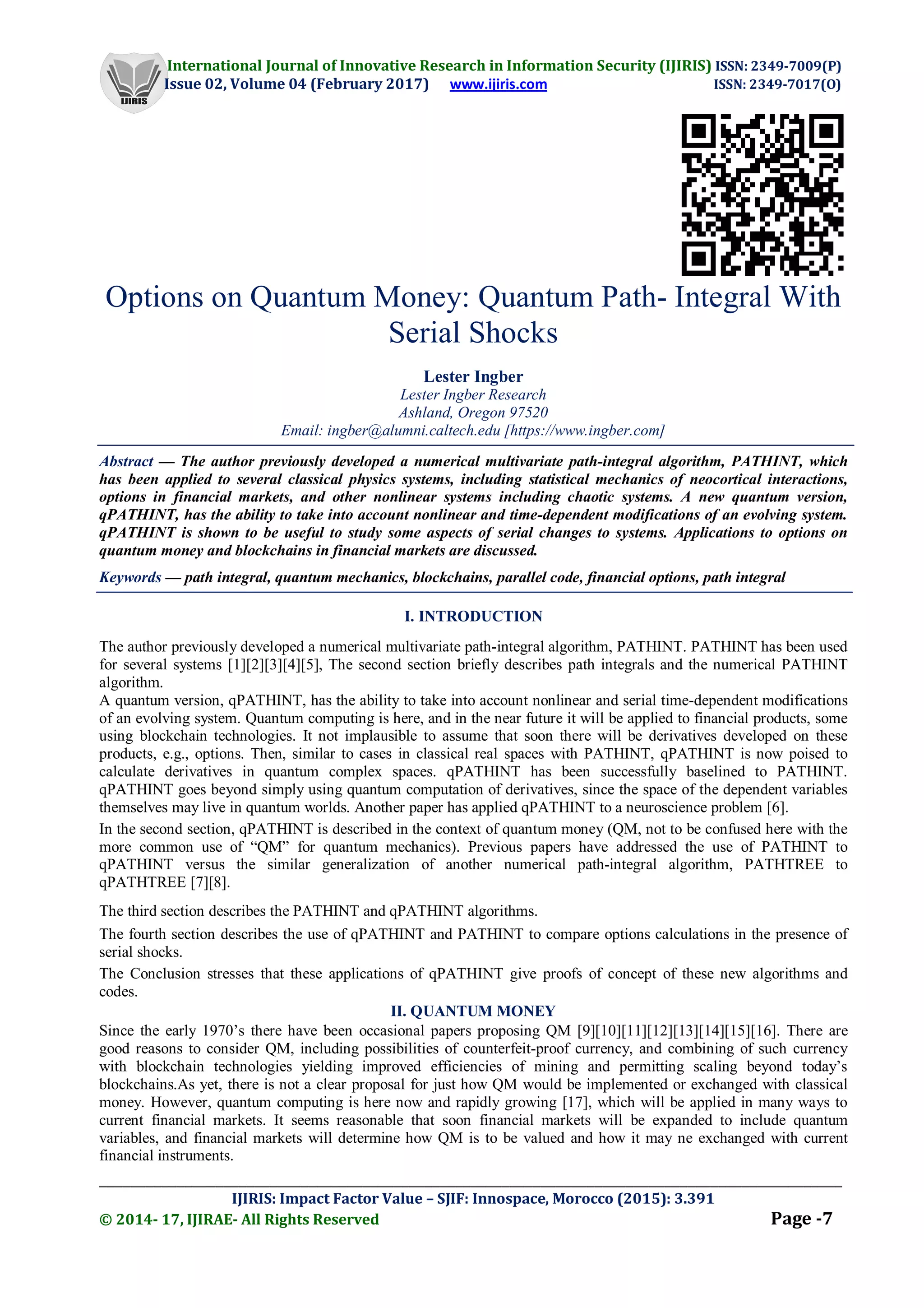 Options On Quantum Money Quantum Path Integral With Serial Shocks Pdf 