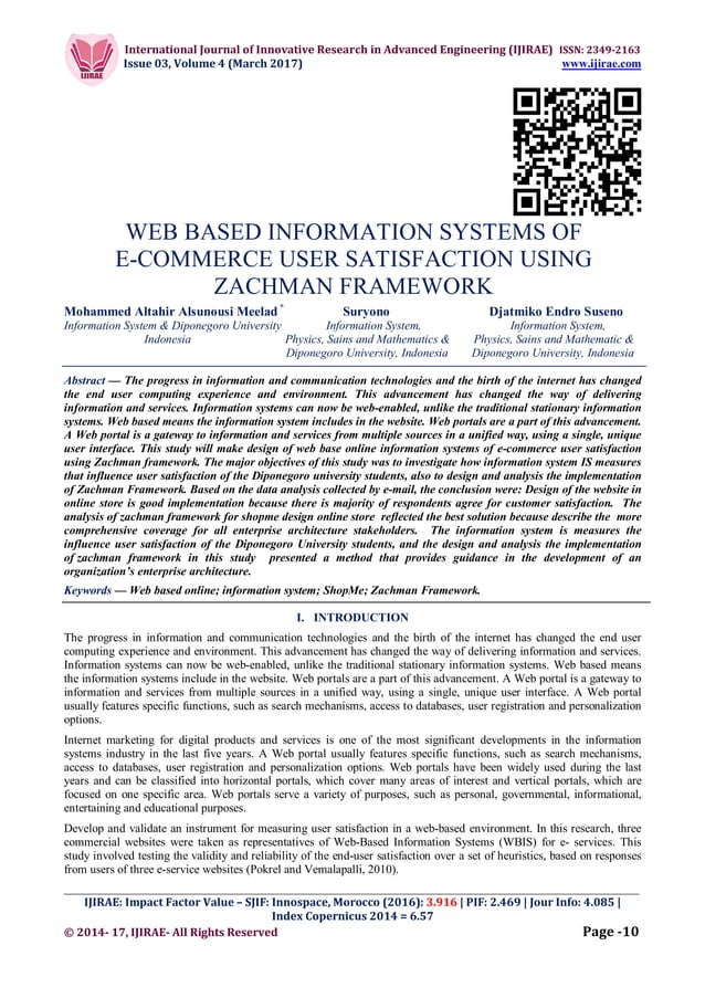 WEB BASED INFORMATION SYSTEMS OF E-COMMERCE USER SATISFACTION USING ZACHMAN FRAMEWORK | PDF