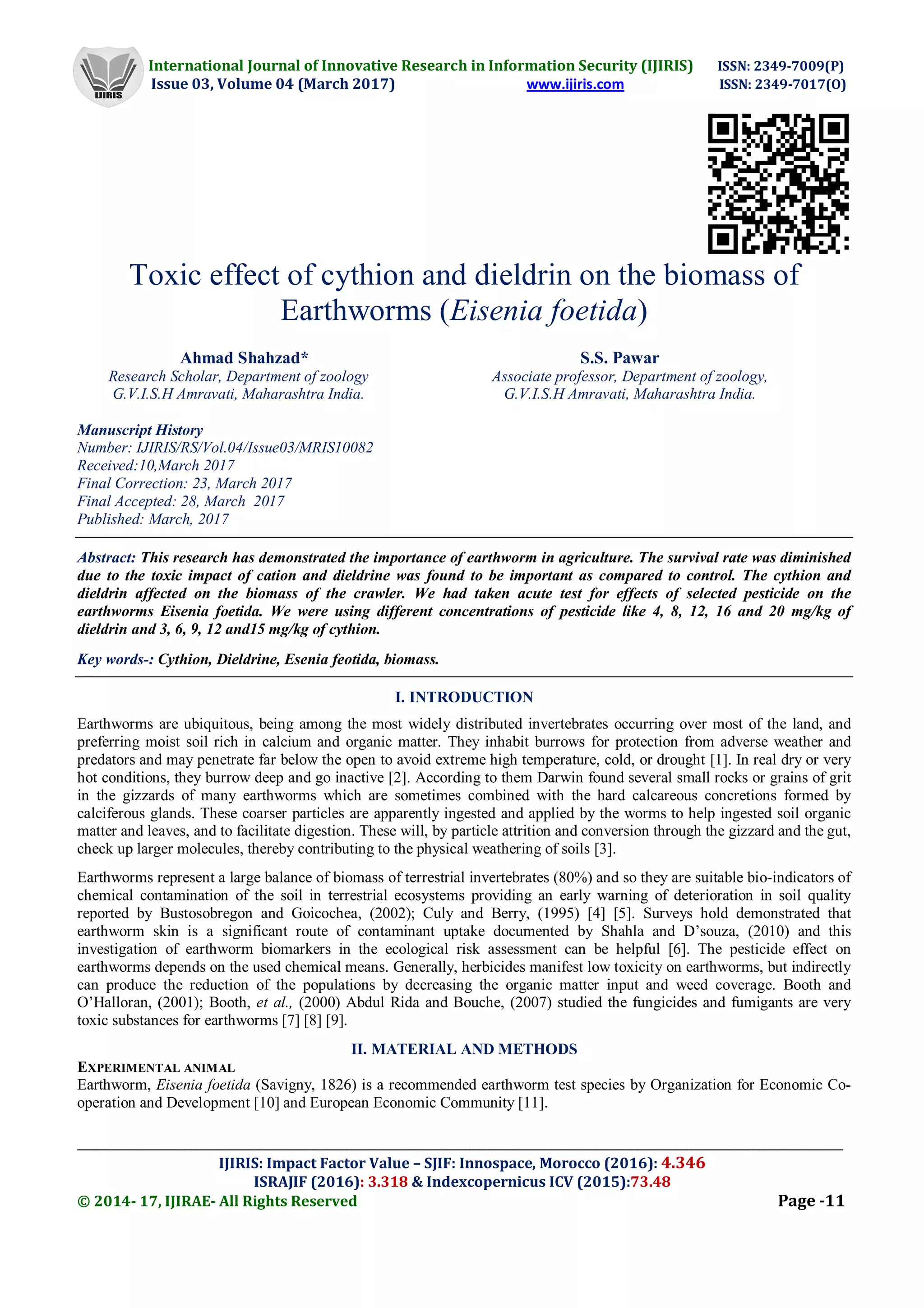 Toxic effect of cythion and dieldrin on the biomass of Earthworms ...