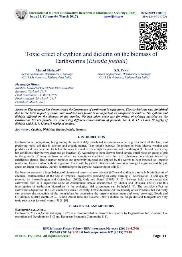 Toxic effect of cythion and dieldrin on the biomass of Earthworms ...