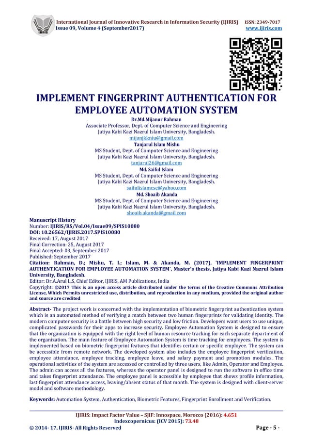 IMPLEMENT FINGERPRINT AUTHENTICATION FOR EMPLOYEE AUTOMATION SYSTEM | PDF