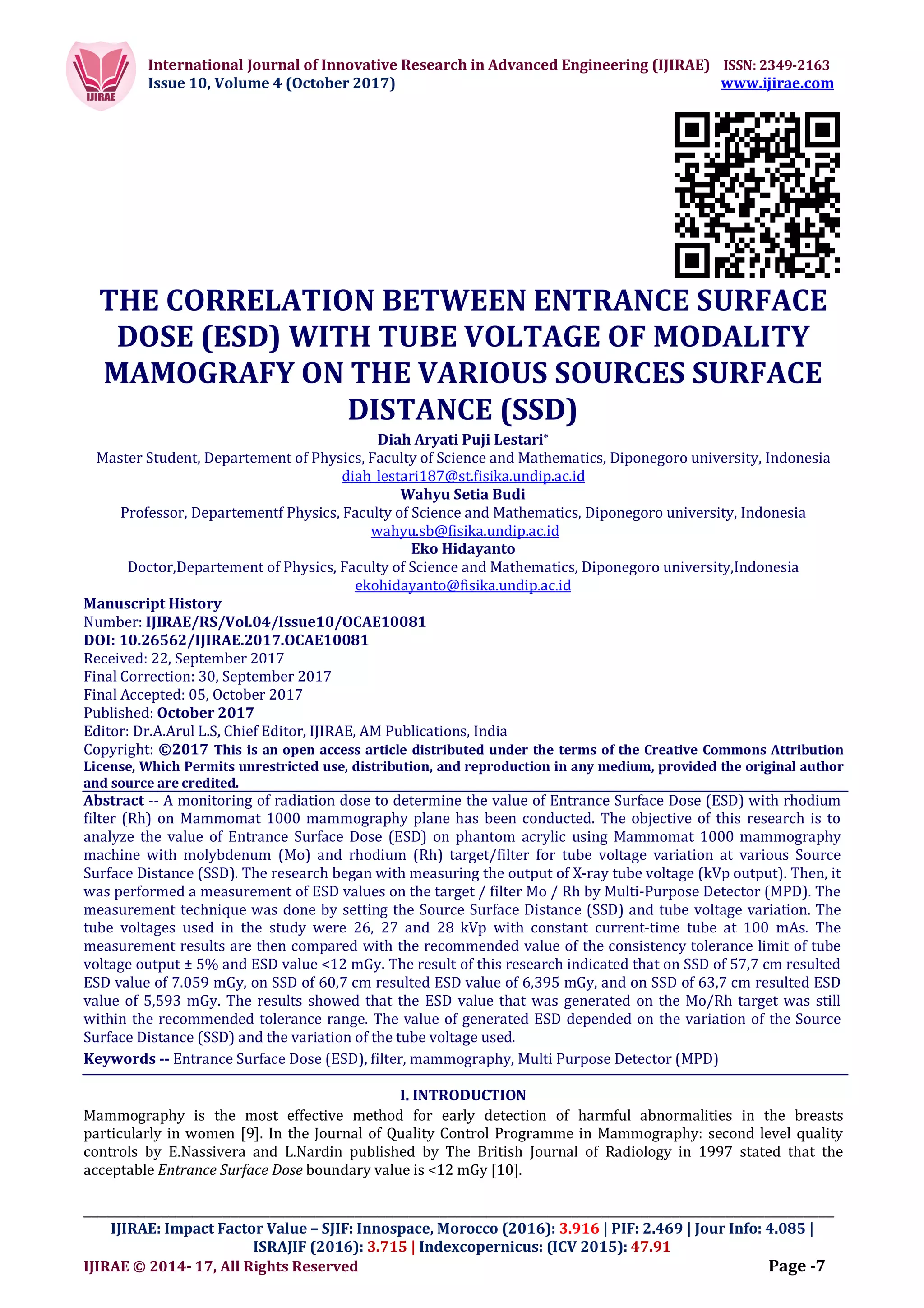 THE CORRELATION BETWEEN ENTRANCE SURFACE DOSE (ESD) WITH TUBE VOLTAGE OF MODALITY MAMOGRAFY ON ...