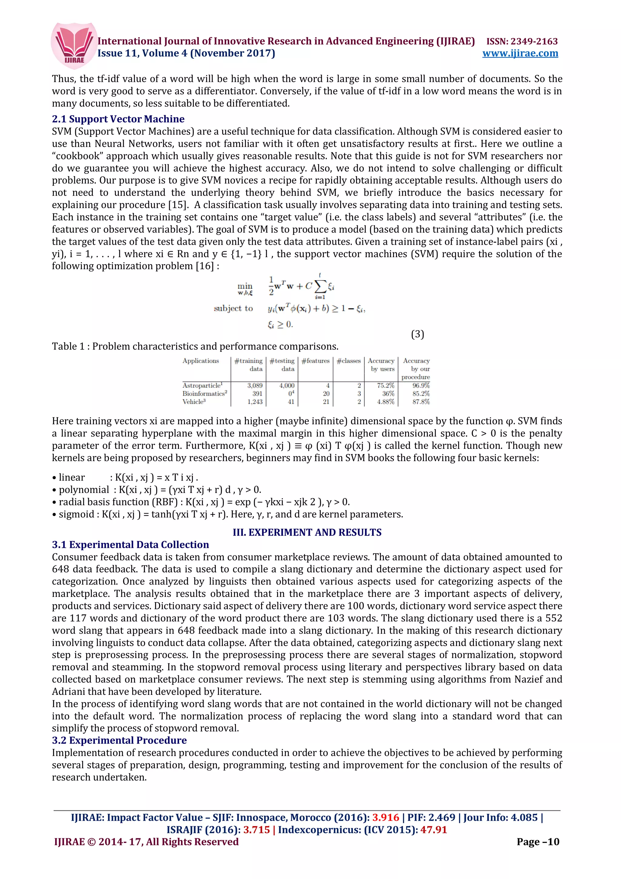 SUPPORT VECTOR MACHINE CLASSIFIER FOR SENTIMENT ANALYSIS OF FEEDBACK MARKETPLACE WITH A ...