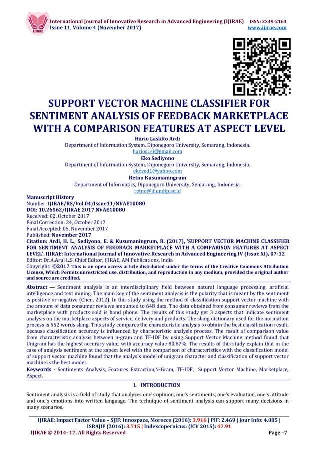 SUPPORT VECTOR MACHINE CLASSIFIER FOR SENTIMENT ANALYSIS OF FEEDBACK ...