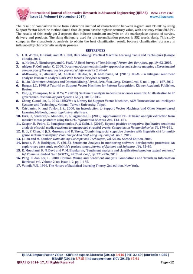 SUPPORT VECTOR MACHINE CLASSIFIER FOR SENTIMENT ANALYSIS OF FEEDBACK MARKETPLACE WITH A ...