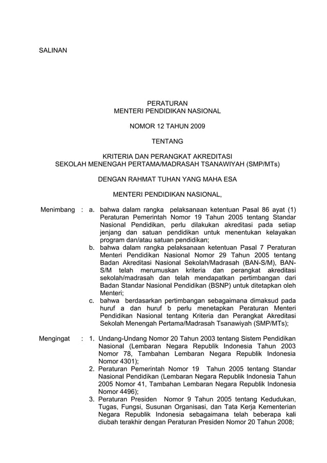 02.2 salinan permen 12 thn 2009 ttg akreditasi smp m ts | PDF | Free Download