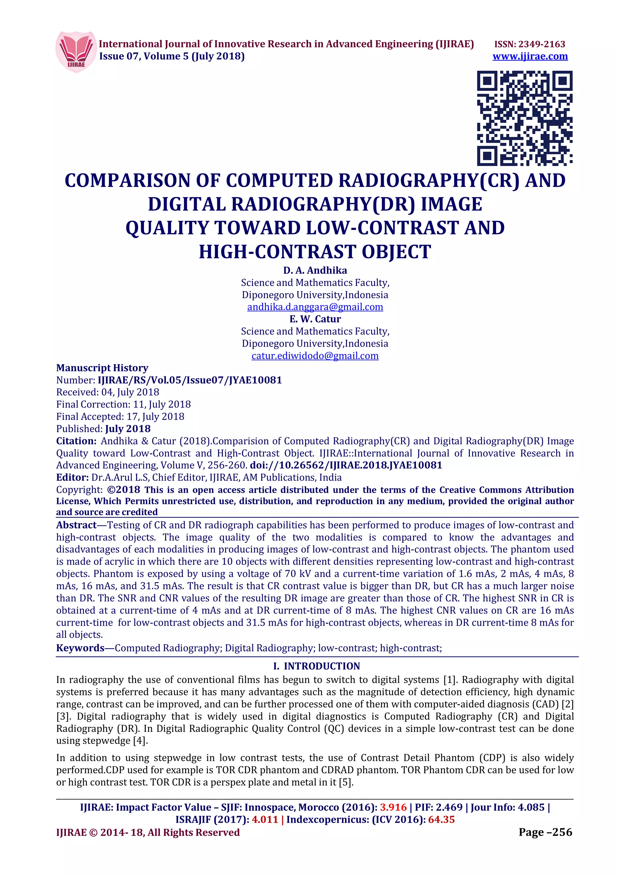 COMPARISON OF COMPUTED RADIOGRAPHY(CR) AND DIGITAL RADIOGRAPHY(DR ...