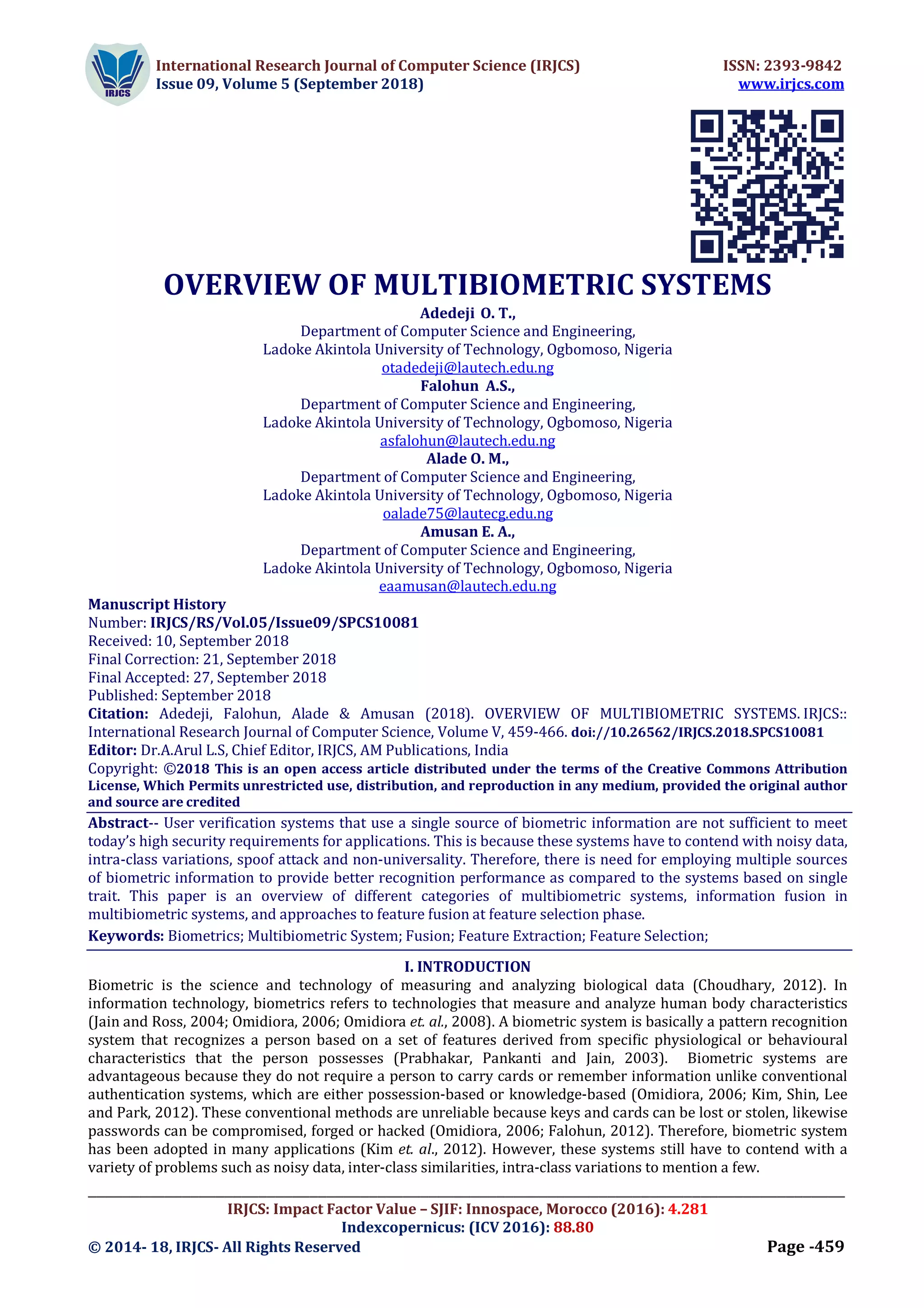 OVERVIEW OF MULTIBIOMETRIC SYSTEMS | PDF