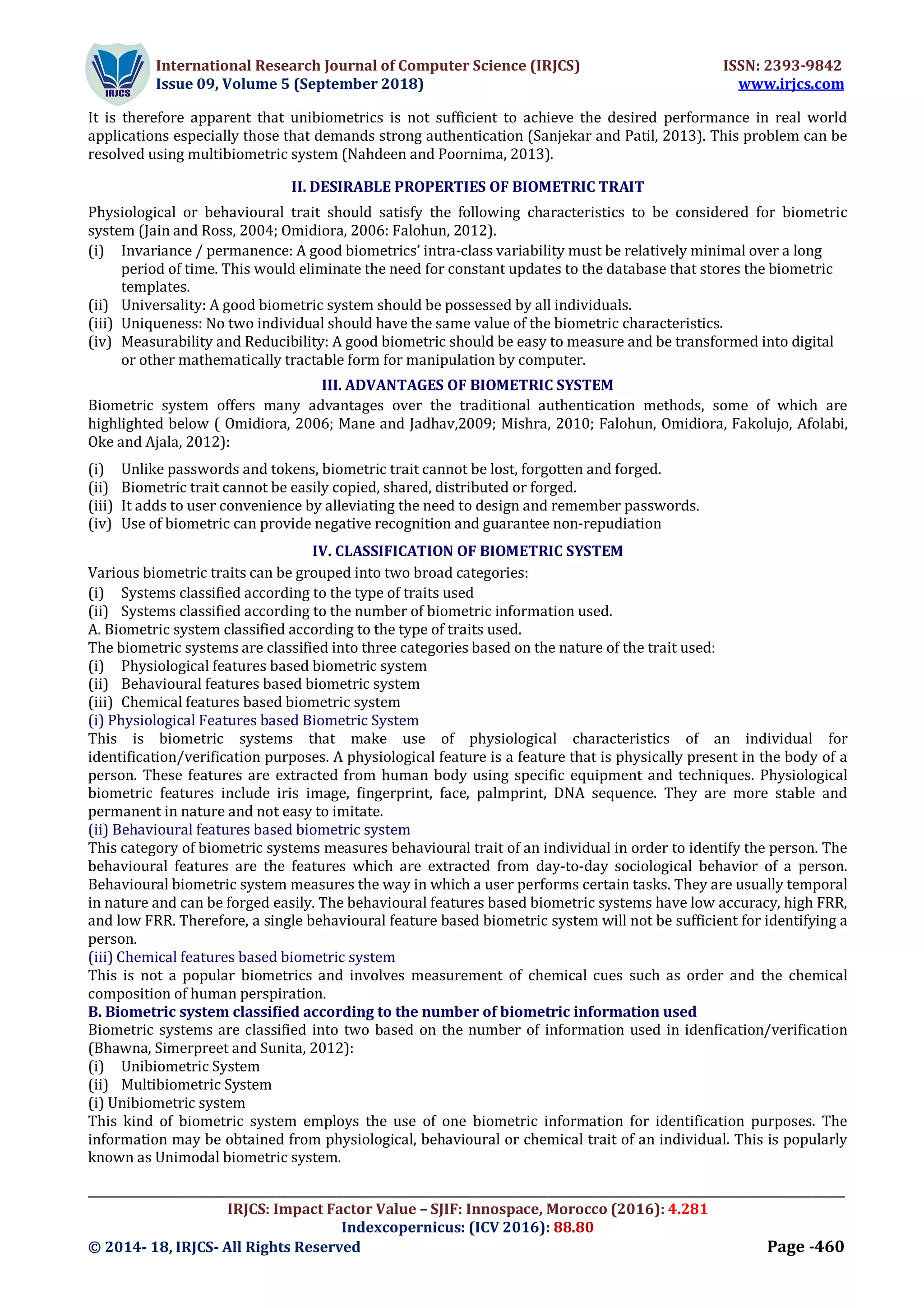 OVERVIEW OF MULTIBIOMETRIC SYSTEMS | PDF