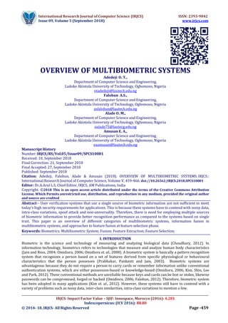 OVERVIEW OF MULTIBIOMETRIC SYSTEMS | PDF