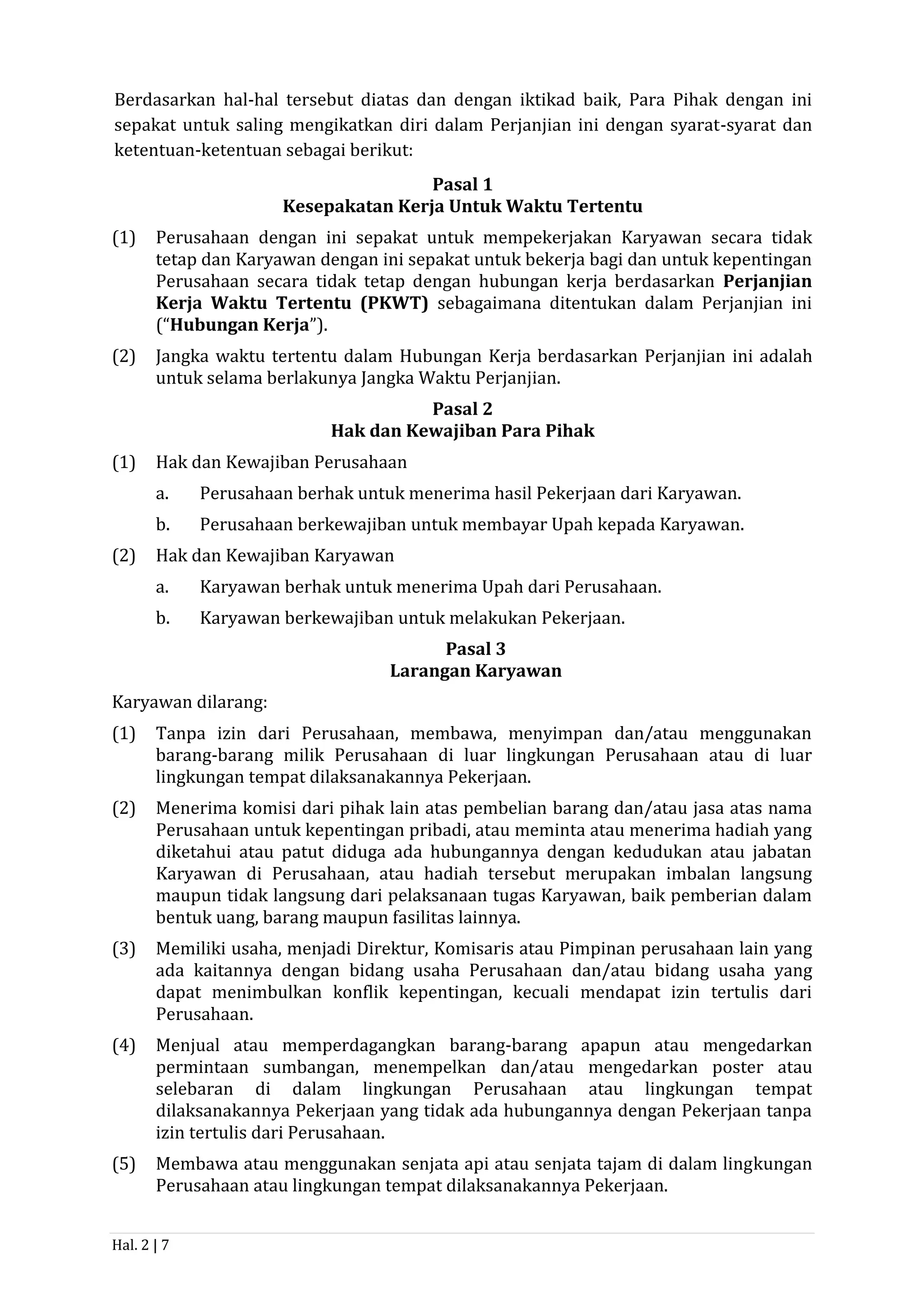 02. draf perjanjian kerja untuk waktu tertentu (pkwt) | PDF