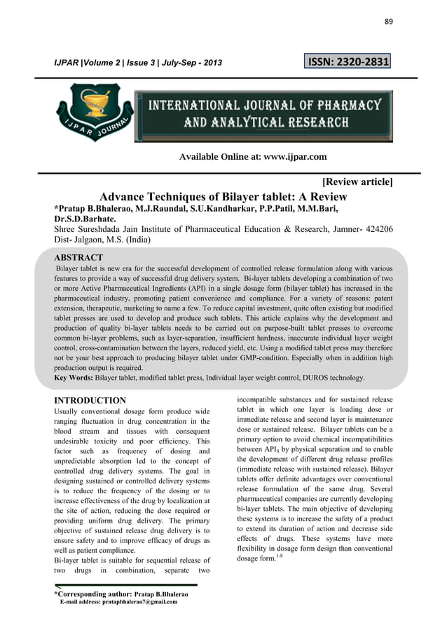 Advance Techniques of Bilayer tablet: A Review | PDF